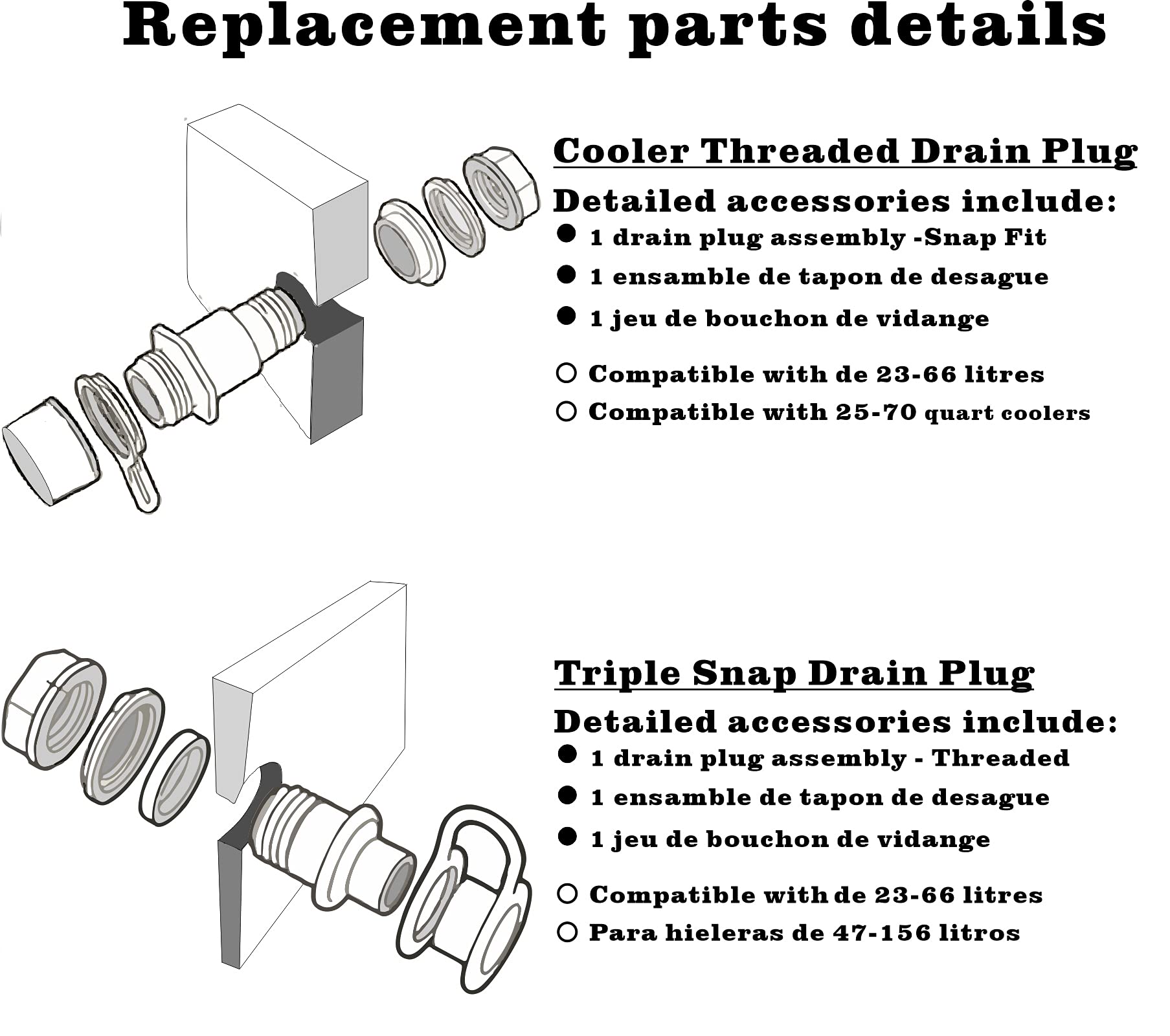 Cooler Replacement Threaded Drain Plug&Triple Snap Drain Plug Kit, for Igloo Cooler Replacement Parts Drain Plug, Cooler Chest Drain Plug Parts.Best Option for Repairing and Replacing Cooler Parts.