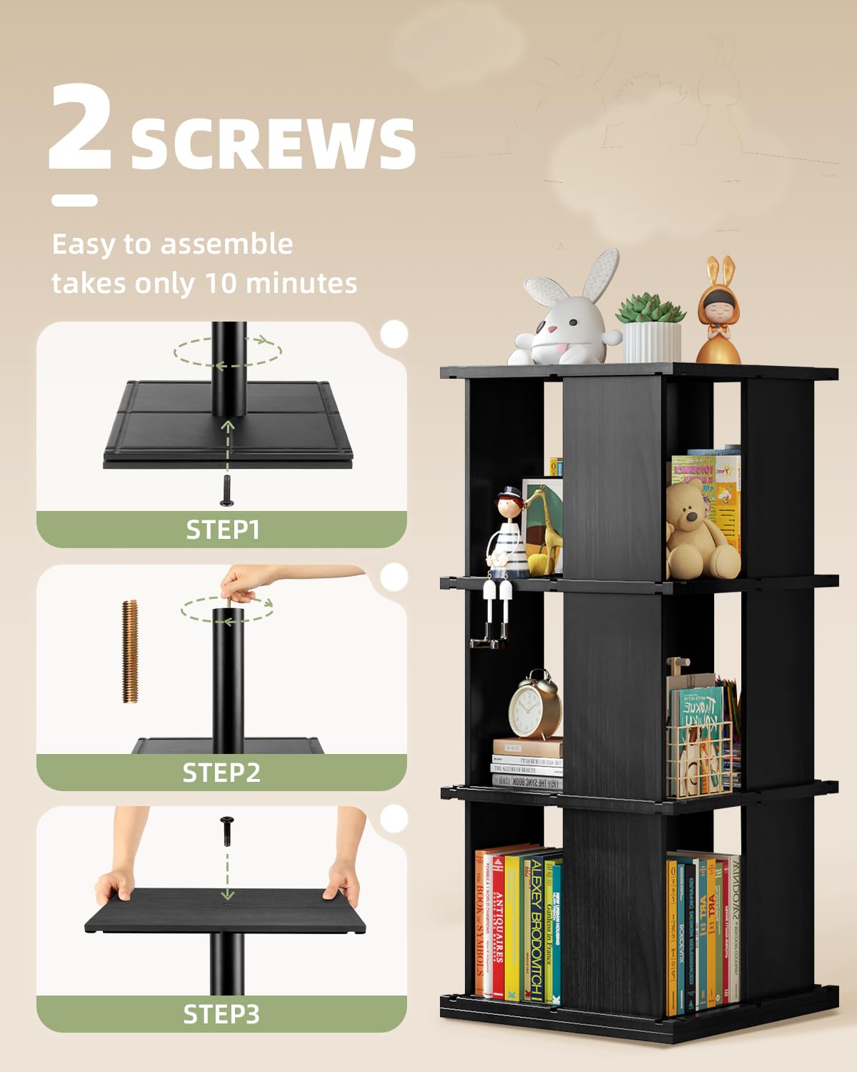 ATRURAL Rotating Bookshelf, 4-Shelf 360° Solid Wood Book Shelf Tower, Stackable Revolving Bookcase Organizer for Living Room, Bedroom, Study(White 4 Tier)