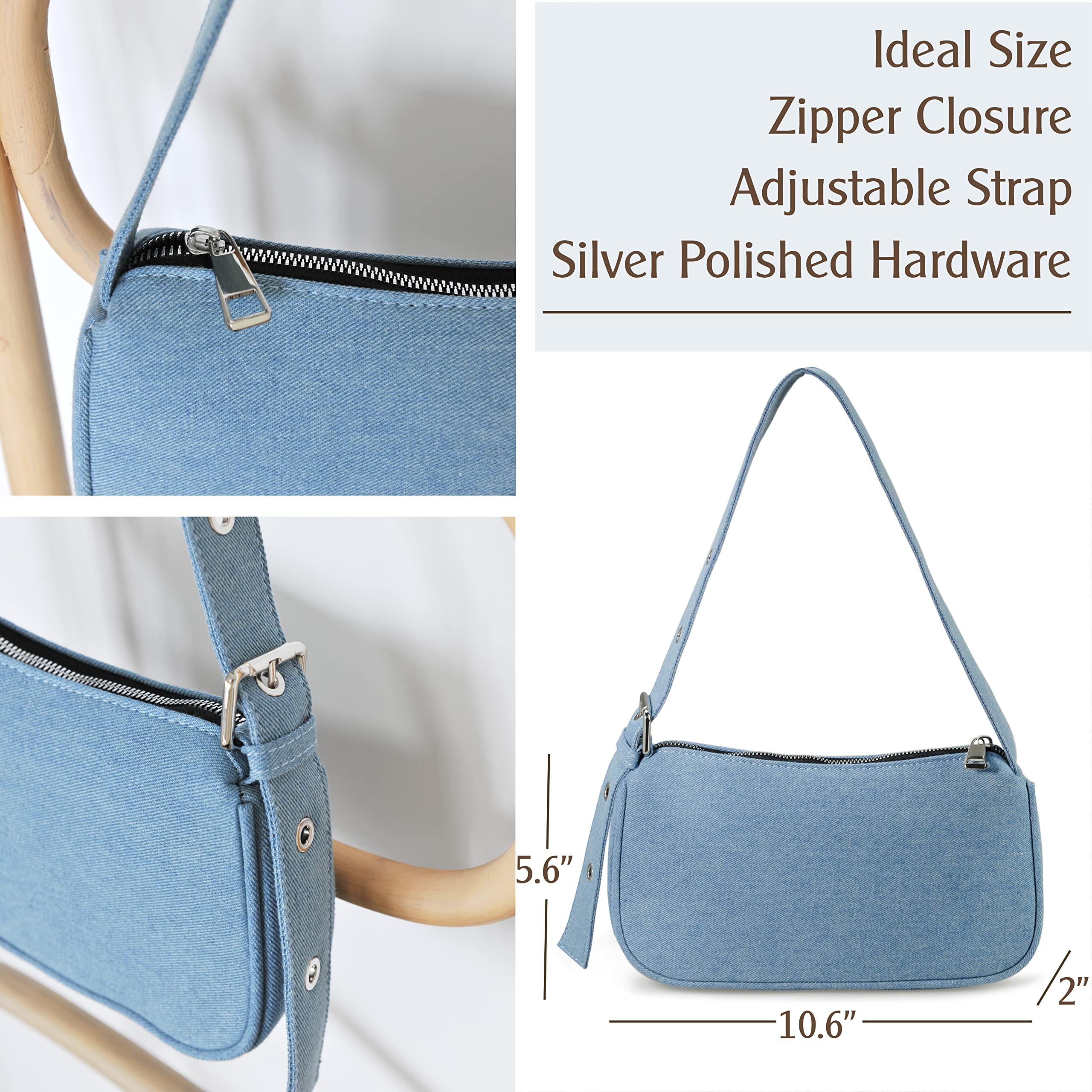 Denim 90s Shoulder Handbag Classic Women Purse with Grommets Adjustable Shoulder Strap Jeans Style Bag (Blue)