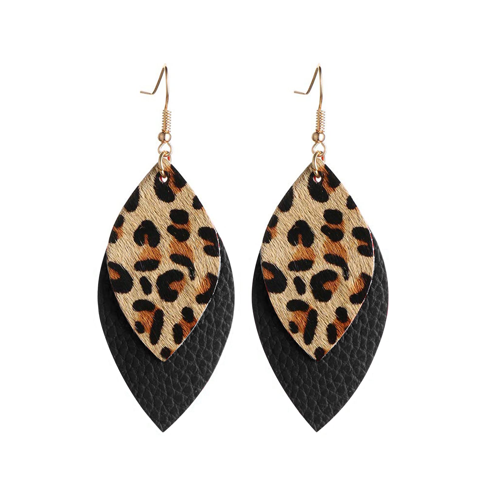ASFUSS Double layer leopard leather earrings for Women Soft Genuine Leather Feather Tear Drop Dangle Red Earrings Christmas Stocking Stuffers (Red)