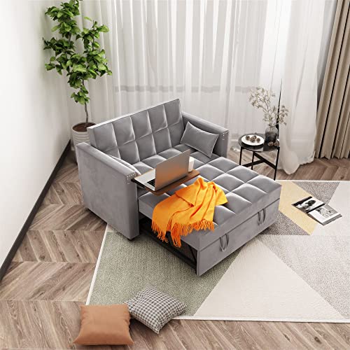 Convertible Sofa Bed, 3-in-1 Multi-Functional Velvet Sleeper Couch Pull-Out Bed, 48'' Loveseat Bed Chaise Lounge with Adjustable Backrest and Pillows, Hidden Side Table for Living Room, Small Space