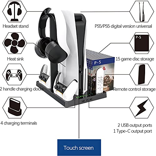 Cooling Fan Vertical Stand for Playstation 5 Console and Digital Edition, Controller Charging Station Dock for PS5 Dualsense Controller with Led Indicators and 15 Game Slots