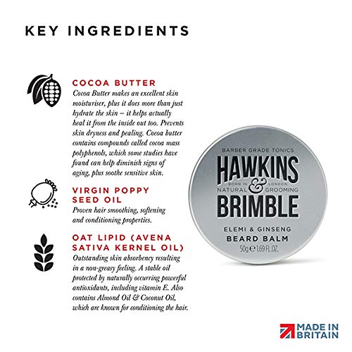 Hawkins & Brimble - Beard Balm for Men, 50g - Mens Beard Grooming Balm for Smoothing, Softening & Conditioning - Beard Styling Balm to Support Beard Growth - Elemi & Ginseng Acclaimed Signature Scent