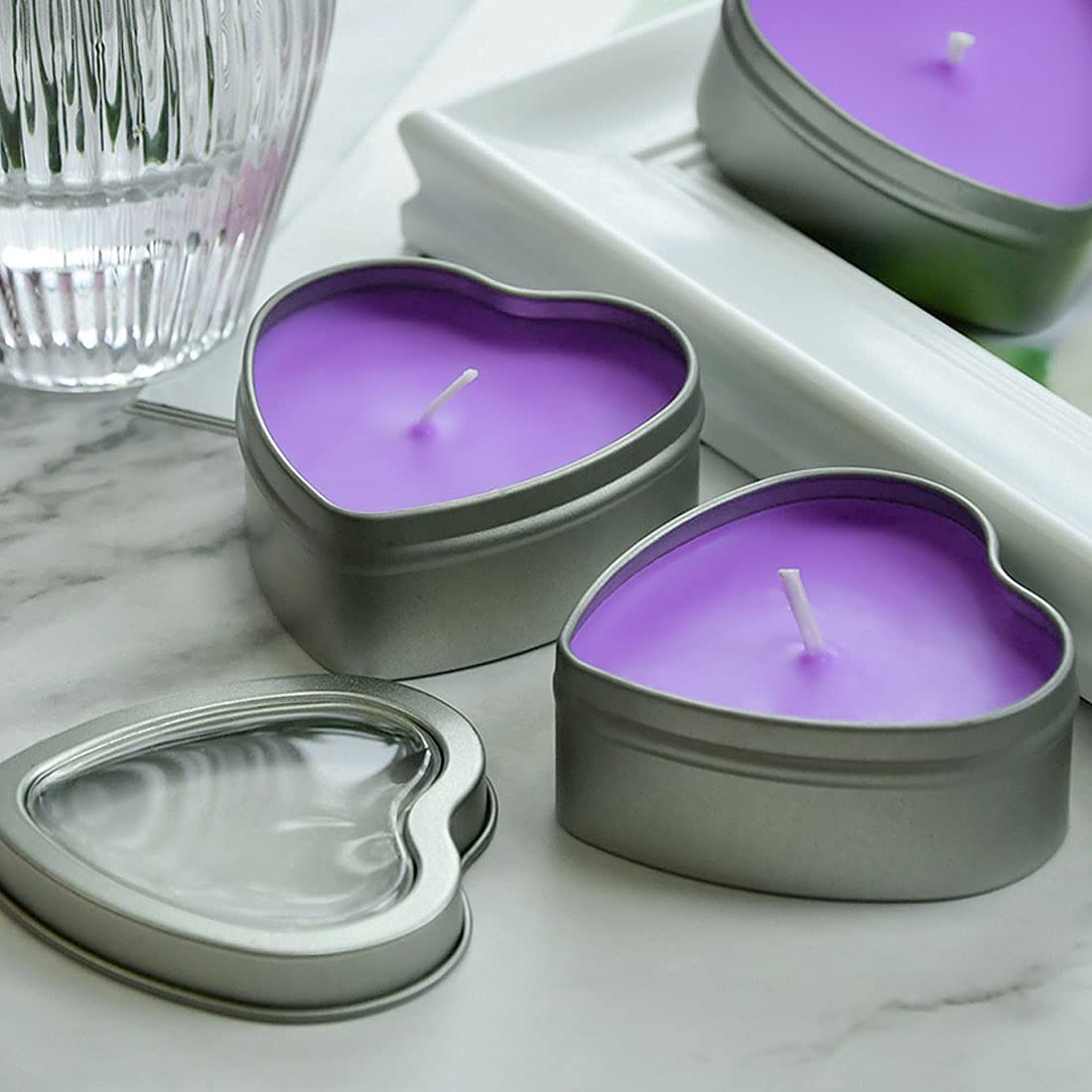 DEYBBY Large Heart Shaped Scented Tea Lights Candles, Smokeless Soywax β6 Hours Long Burning Lavender Purple Aromatherapy Candles for Relaxation, Spa and Bath (Pack of 6)