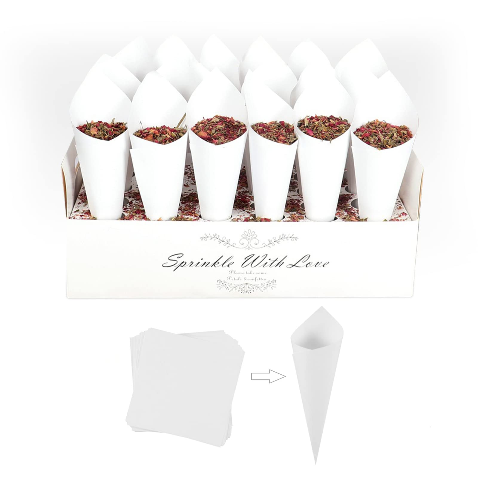 Bekecidi 30 Pieces biodegradable confetti Cones and Stand Tray Paper Cone Box 30 Holes Suitable Placing Dried Flower Petals Confetti for Wedding, Engagement, Party, Birthday (White)