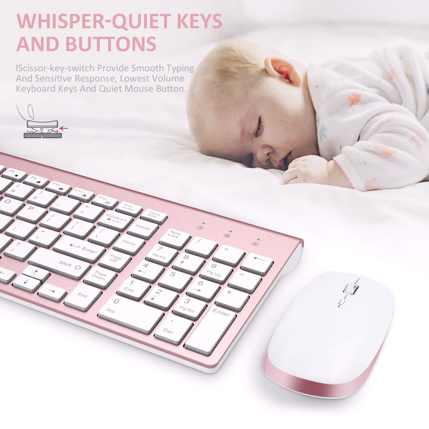 Wireless Keyboard and Mouse, FENIFOX Full-Size Whisper-Quiet Compact Compatible with Mac PC Laptop Tablet Notebook Windows - Rose Gold Pink
