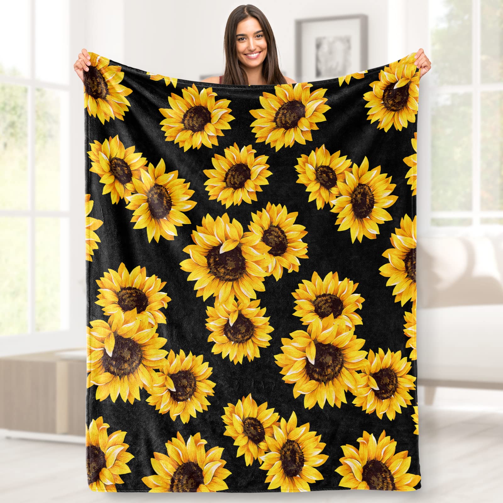 Sunflower Blankets Gifts for Women, Double-Sided Throw Blanket, Birthday Gifts for Girls, Lightweight Flannel Cozy Plush for Adult Kids, Sunflowers Girly Bedroom Decor (Black and Yellow)50x60 inch