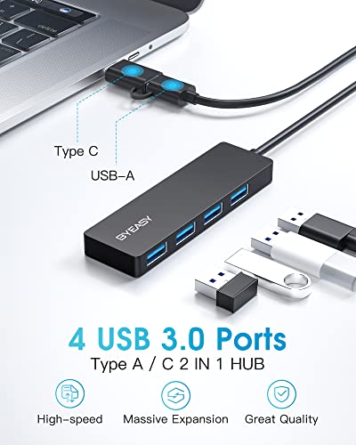 BYEASY USB Hub, USB 3.1 C to USB 3.0 Hub with 4 Ports and 2ft Extended Cable, Ultra Slim Portable USB Splitter for MacBook, Mac Pro/Mini, iMac, Ps4, PS5, Surface Pro,Flash Drive, Samsung(Black)
