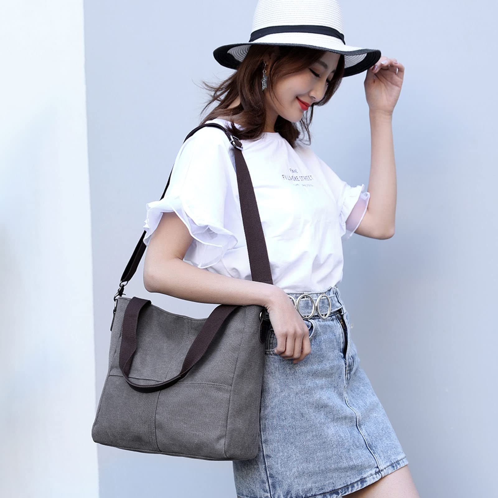 Ashioup Women Canvas Tote Bag Travel Handbag Shoulder Purse Small Crossbody Work Bag