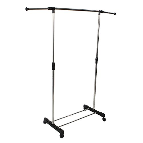 Clothes Garment Rack Clothing Rack Single Bar Adjustable Garment Racks Rolling Clothes Organizer Vertical and Horizontal Stretching Hanging Rod Stand Clothes Rack with Shoe Shelf and Wheels