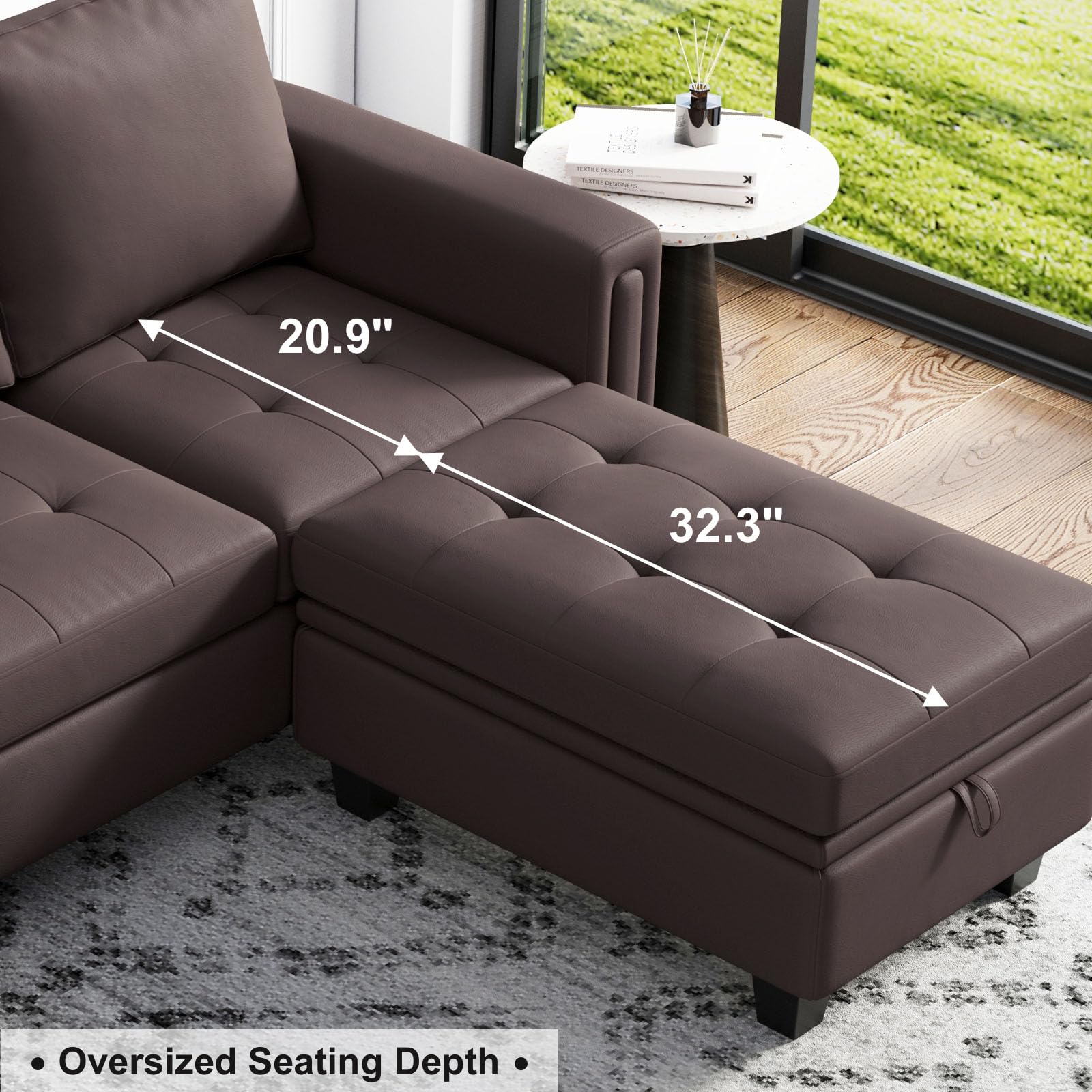 Belffin Faux Leather Convertible 4-Seat Sectional Sleeper Sofa with Reversible Chaise Leather Sleeper Sectional Couch Bed with Storage Ottoman Sectional Sofa Couch Set Brown