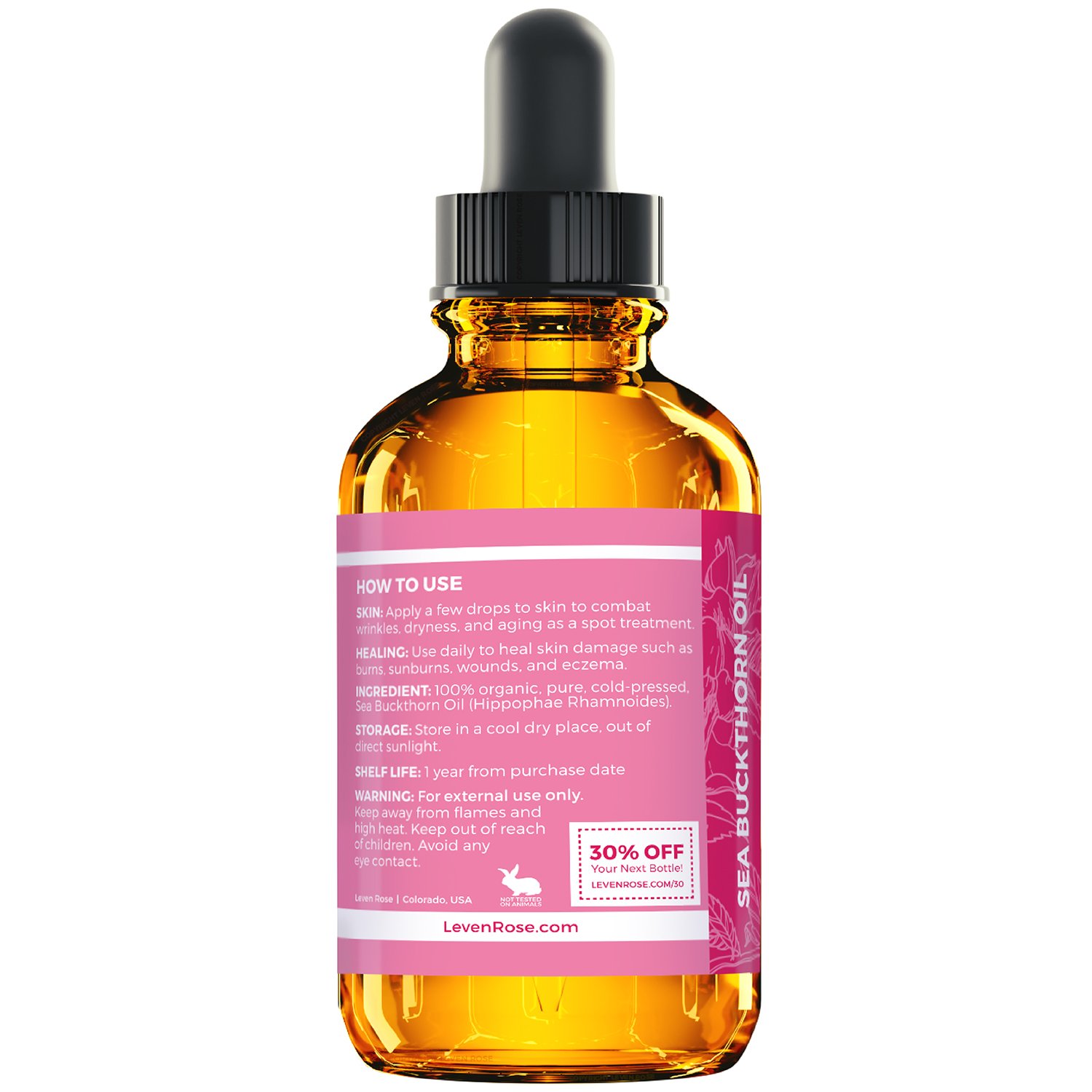 Leven Rose Sea Buckthorn Seed Oil, 100% Pure Unrefined Cold Pressed Anti Aging Acne Treatment for Hair Skin and Nails (1 oz)