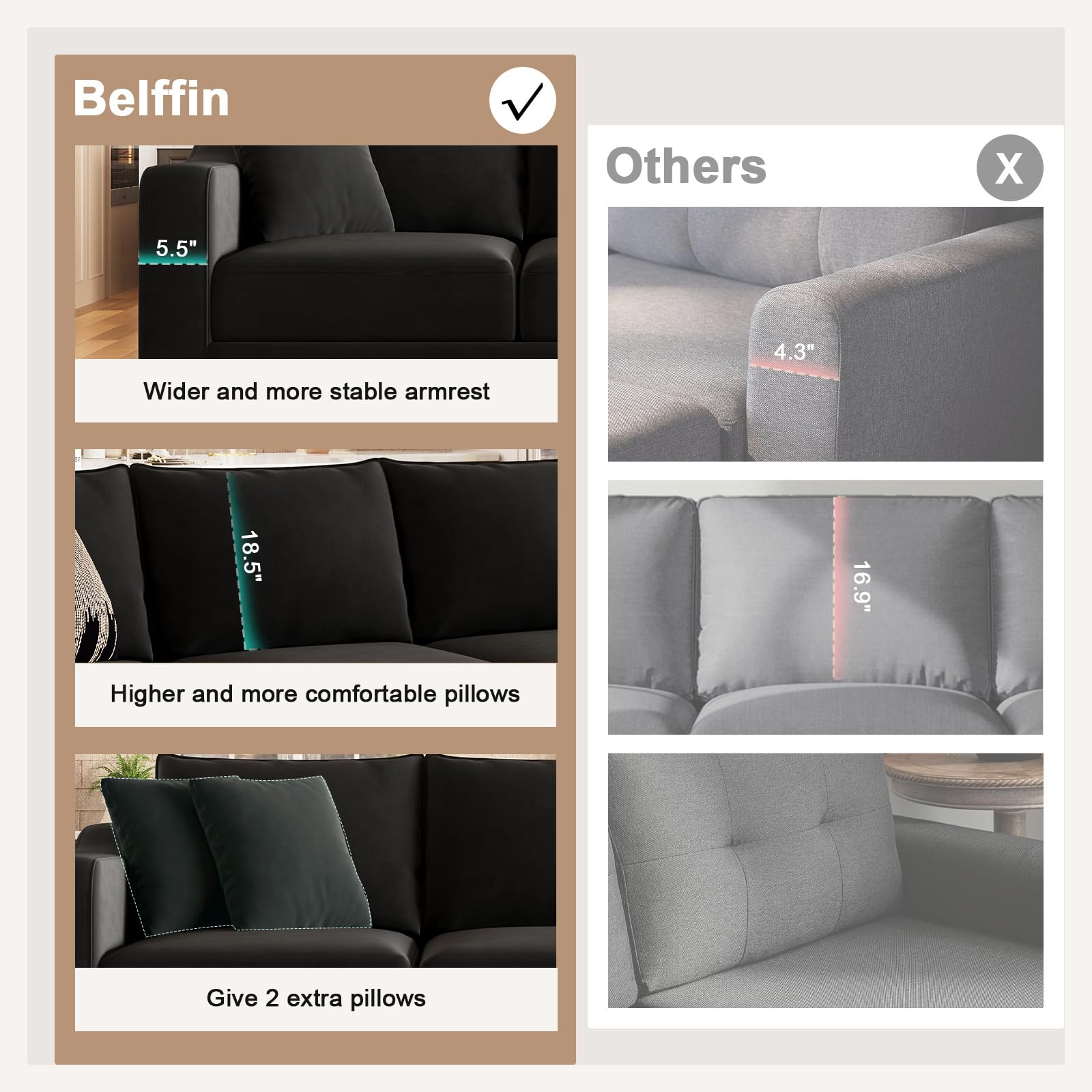 Belffin U Shaped Sectional Sofa Velvet Convertible Sofa with Reversible Chaises Sectional Couches with Ottomans for Living Room (Black)…