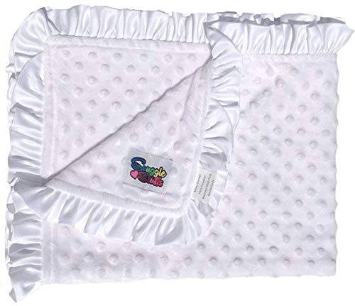 Snuggle Stuffs White Minky Dot & Satin Ruffle Newborn Baby Christening Baptism Blanket - Small 30" x 40"