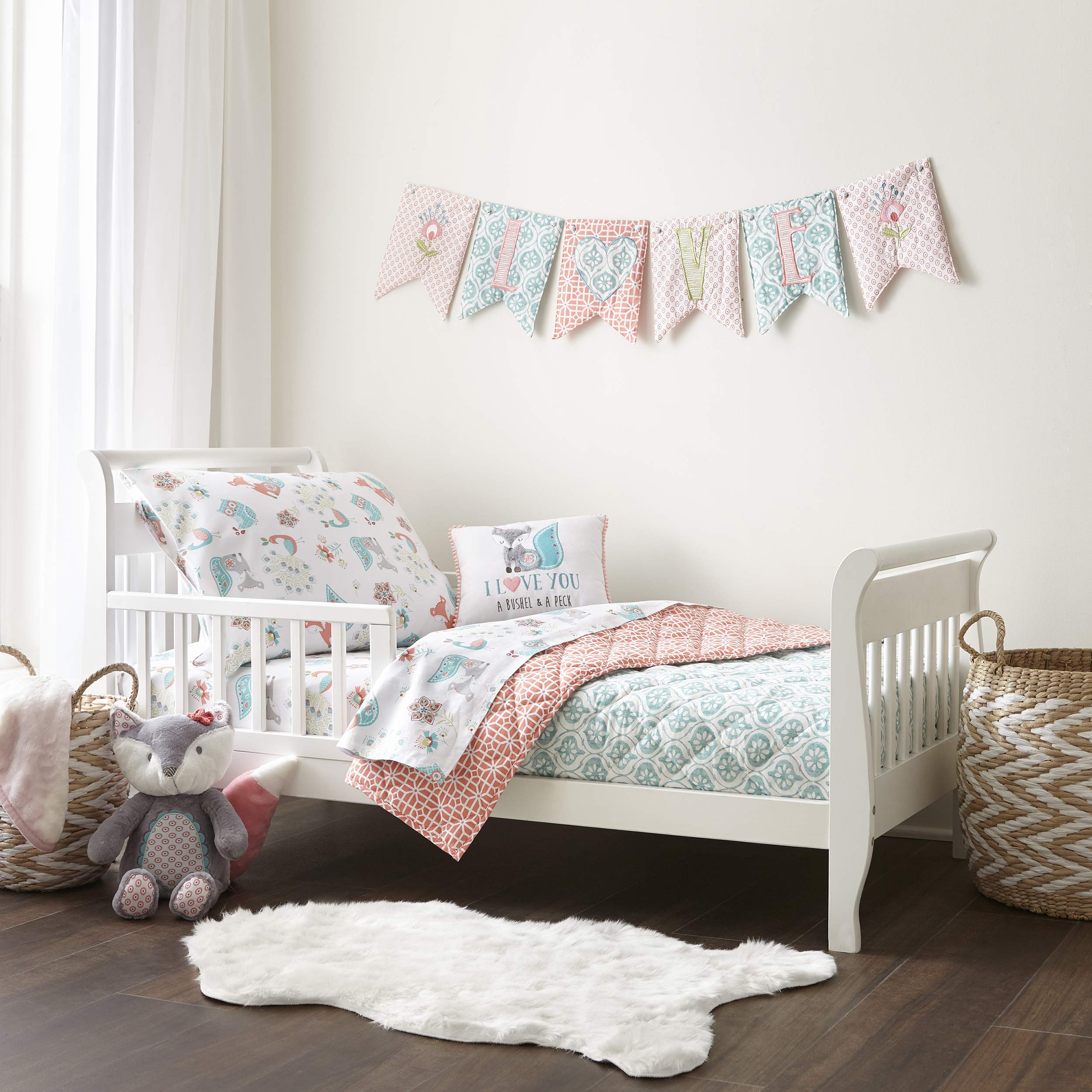 Levtex Baby - Fiona Toddler Bed Set - Pink, Aqua, White - Woodland Forest Theme - 5 Piece Set Includes Reversible Quilt, Fitted Sheet, Flat Sheet, Pillow Case, Decorative Pilow