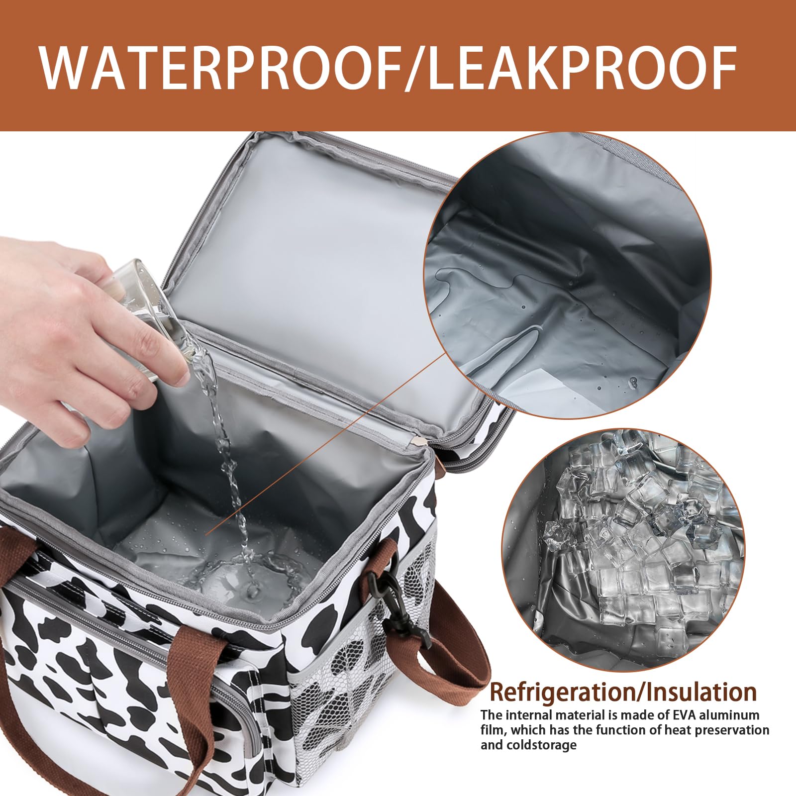 MOV COMPRA Lunch Bag for Women Men Double Deck Expandable Lunch Box,Large Lunch Bags,Leakproof Lunch Box Cooler Bag(Cow Print)