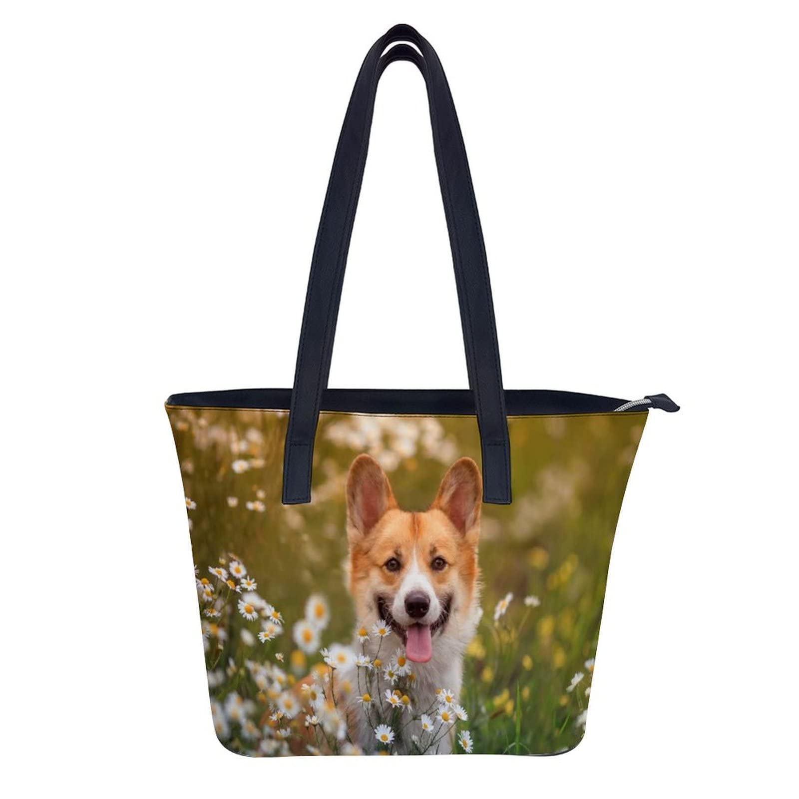 Corgi Dog Puppy Daisy Flowers Women's Tote Bag PU Leather Shoulder Bag Handbags Purse For Work Shopping Travel
