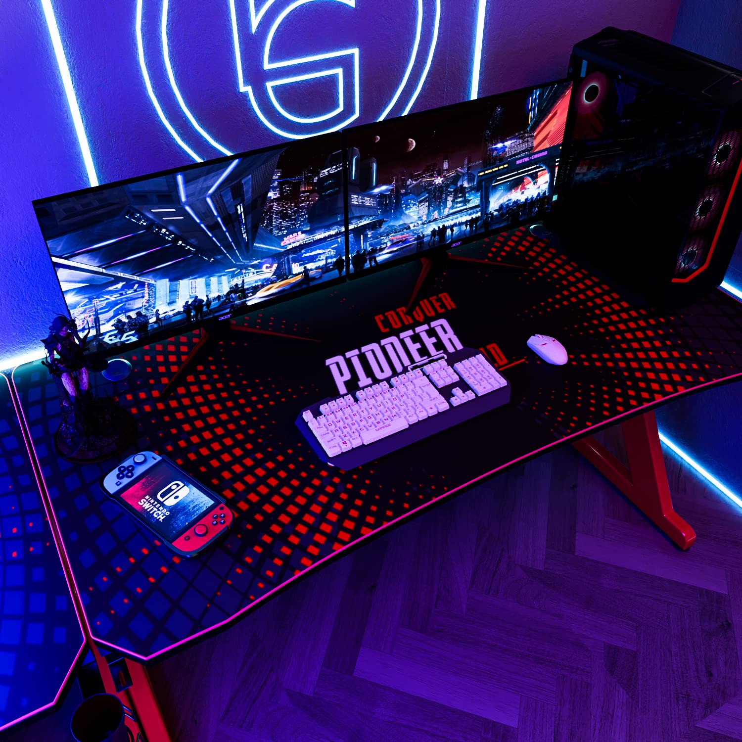 Devoko Gaming Desk Computer Gaming Desk Z-Shaped Pc Gaming Desk with Carben Fiber Surface Gamer Desk with Free Mouse Pad Home Office Desk with Cup Holder and Headphone Hook (55 inch, Red)