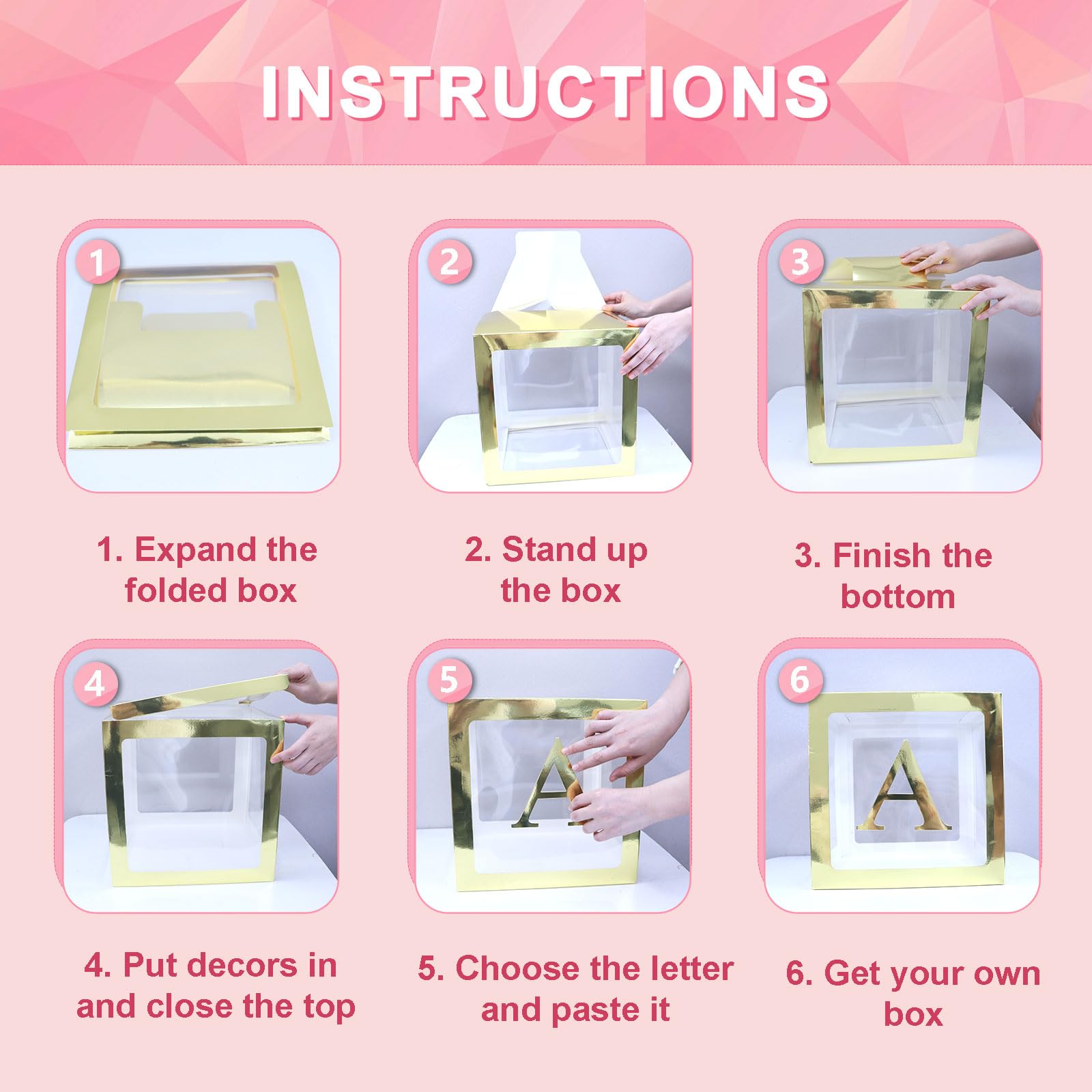 Baby Boxes with Letters, 6 Transparent Balloon Boxes with 78 Letters & Numbers, Clear Name Boxes for Baby Shower Birthday Bridal Wedding Gender Reveal Party Decorations Backdrop, Gold