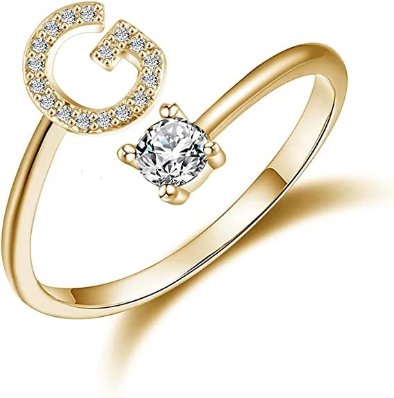 Airstra Initial Letter Ring for Women Girls Stackable Alphabet Rings Adjustable gold plated 26 Inlaid CZ Initial Rings Bridesmaid Gift Jewelry(G