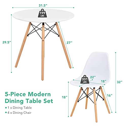 Giantex 5-Piece Dining Table Set, Modern Round Dining Table & 4 DSW Chairs W/Solid Wood Legs, Dining Room Set, Farmhouse Home Furniture for Kitchen Restaurant, Dining Table Set for 4, White