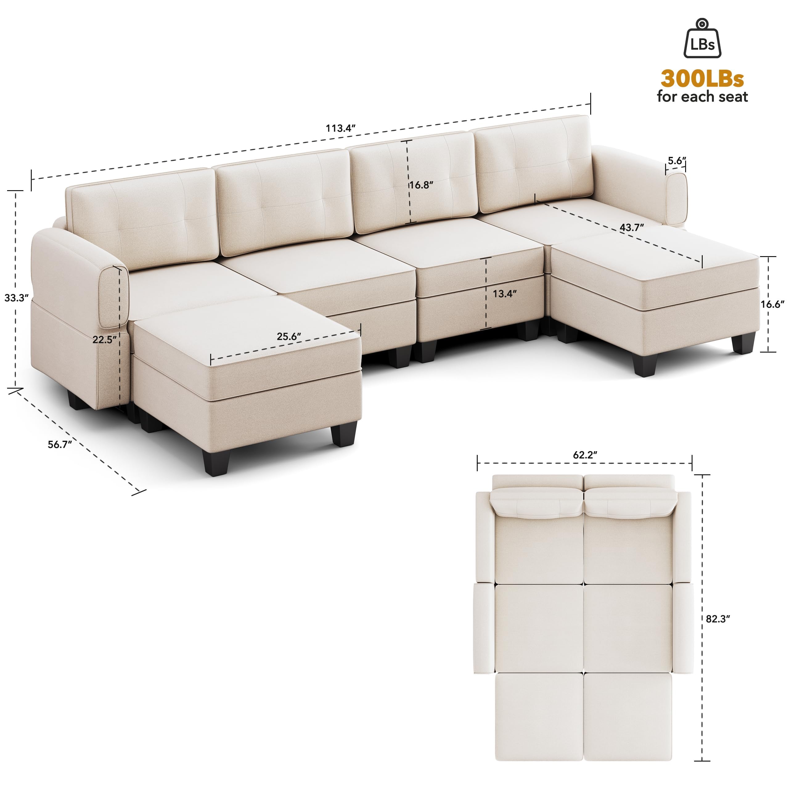 AYEASY Sofa Couch, Modular Sectional U Shaped Sofa Couch with Storage Ottoman Convertible Sectional Couches for Living Room, High Supportive 6 Seats Reversible Sectionals 113'' with Chaise, Beige
