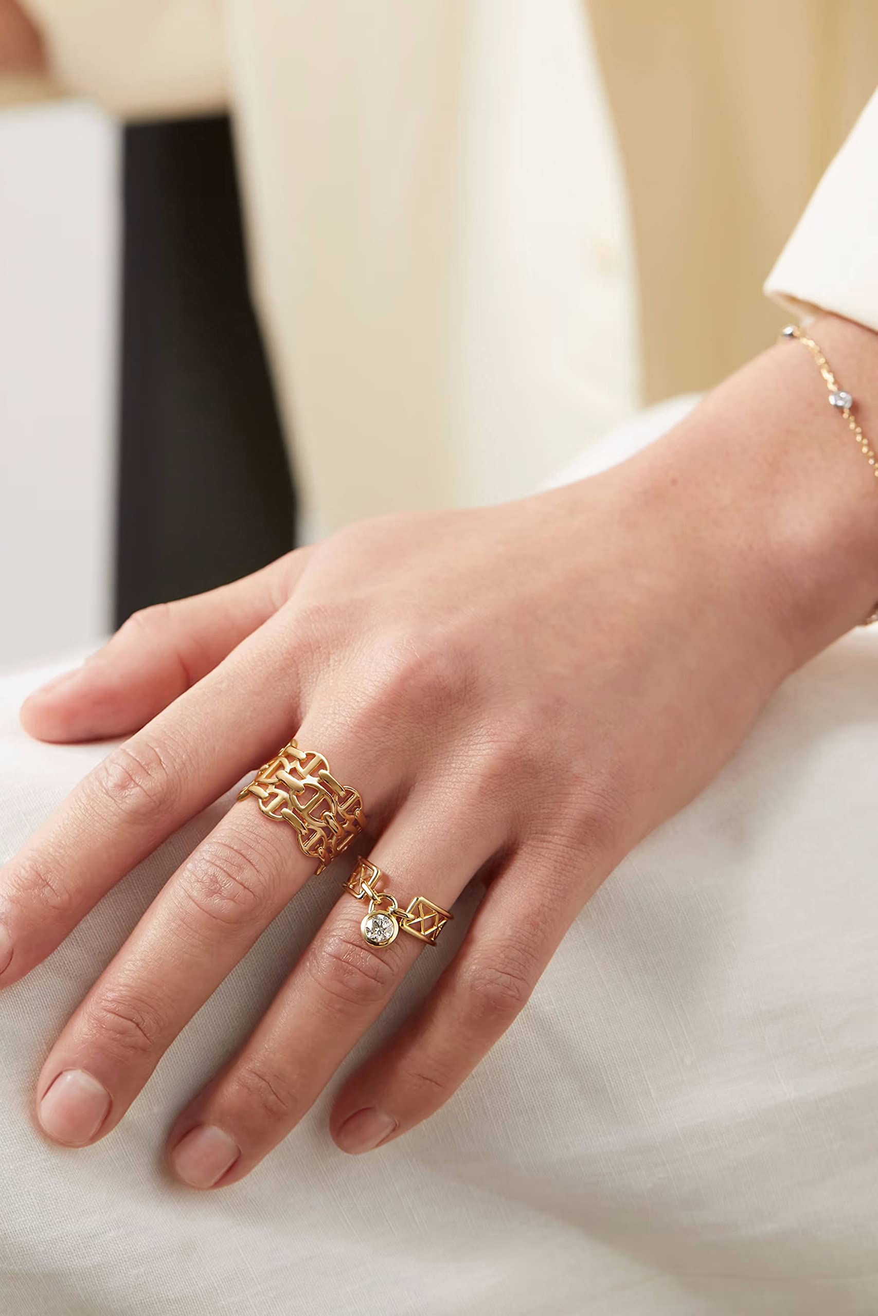 Aobei Pearl 18K Gold 3-Row Chunky Band Ring Mariner Anchor Chain Ring for Women Statement Pig Nose Link Open Rings Adjustable Thumb Knuckle Finger Jewelry for Her