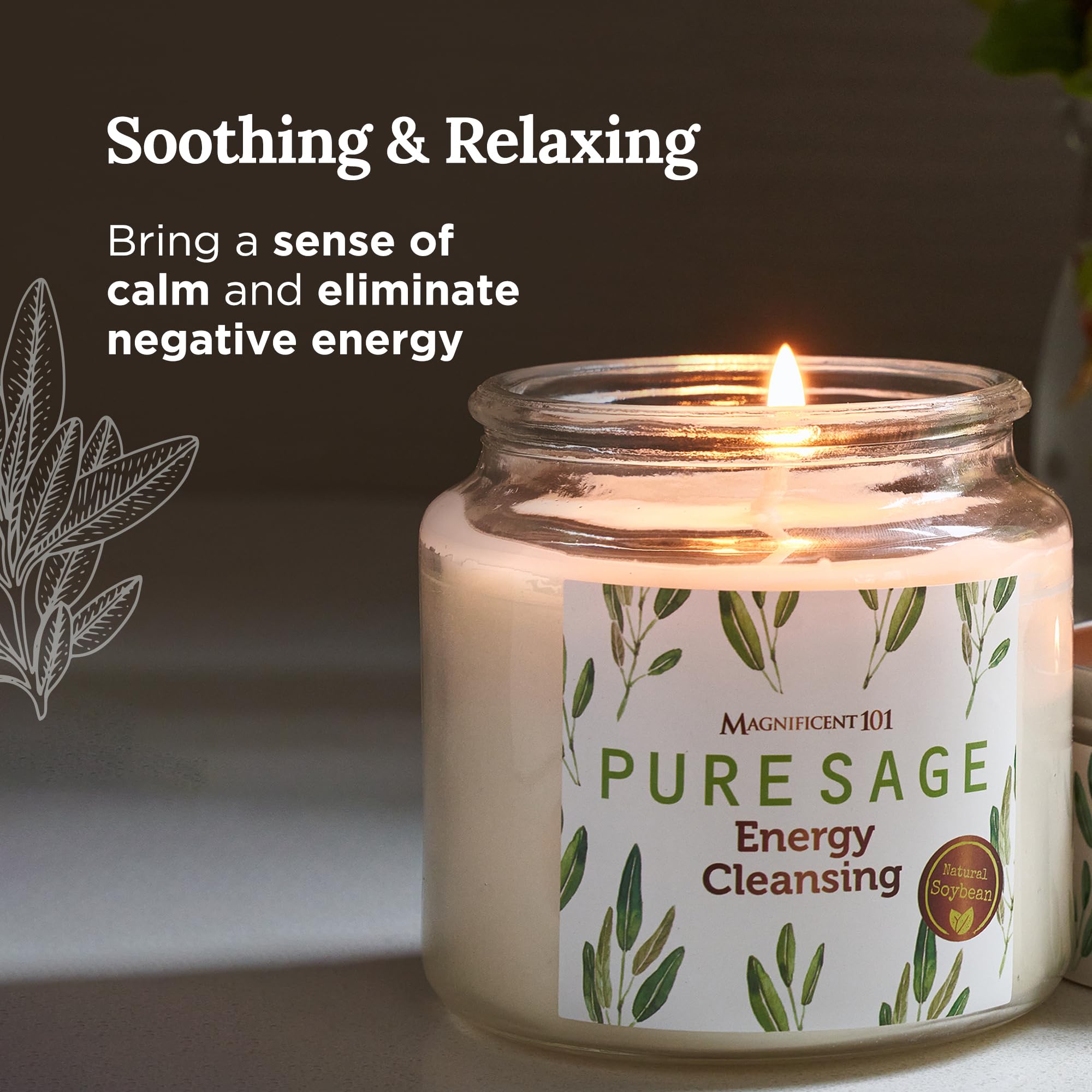 Magnificent 101 Pure Sage Aromatherapy Candles – 14 Oz - 56 Hour Burn| Soy Wax Glass Candle for Energy Cleansing, Purification, Manifestation, & Chakra Healing