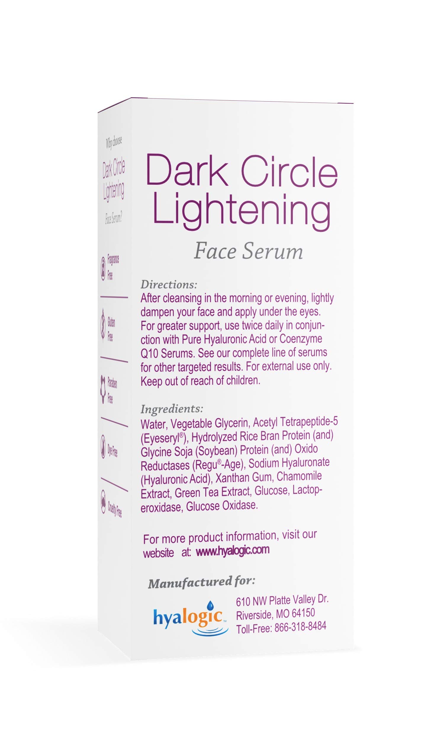 Hyalogic Dark Circle Lightening Face Serum - Treat Under Eye Dark Circles w/Hyaluronic Acid, Eveseryl & Regu-Age - Soothe, Nourish & Rejuvenate Skin - 1oz