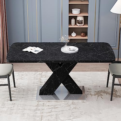 CEMKAR Modern Square Dining Table, 47.24β-62.99" L Stretchable, Printed Black Marble Table Top+MDF X-Shape Table Leg with Metal Base (Black)