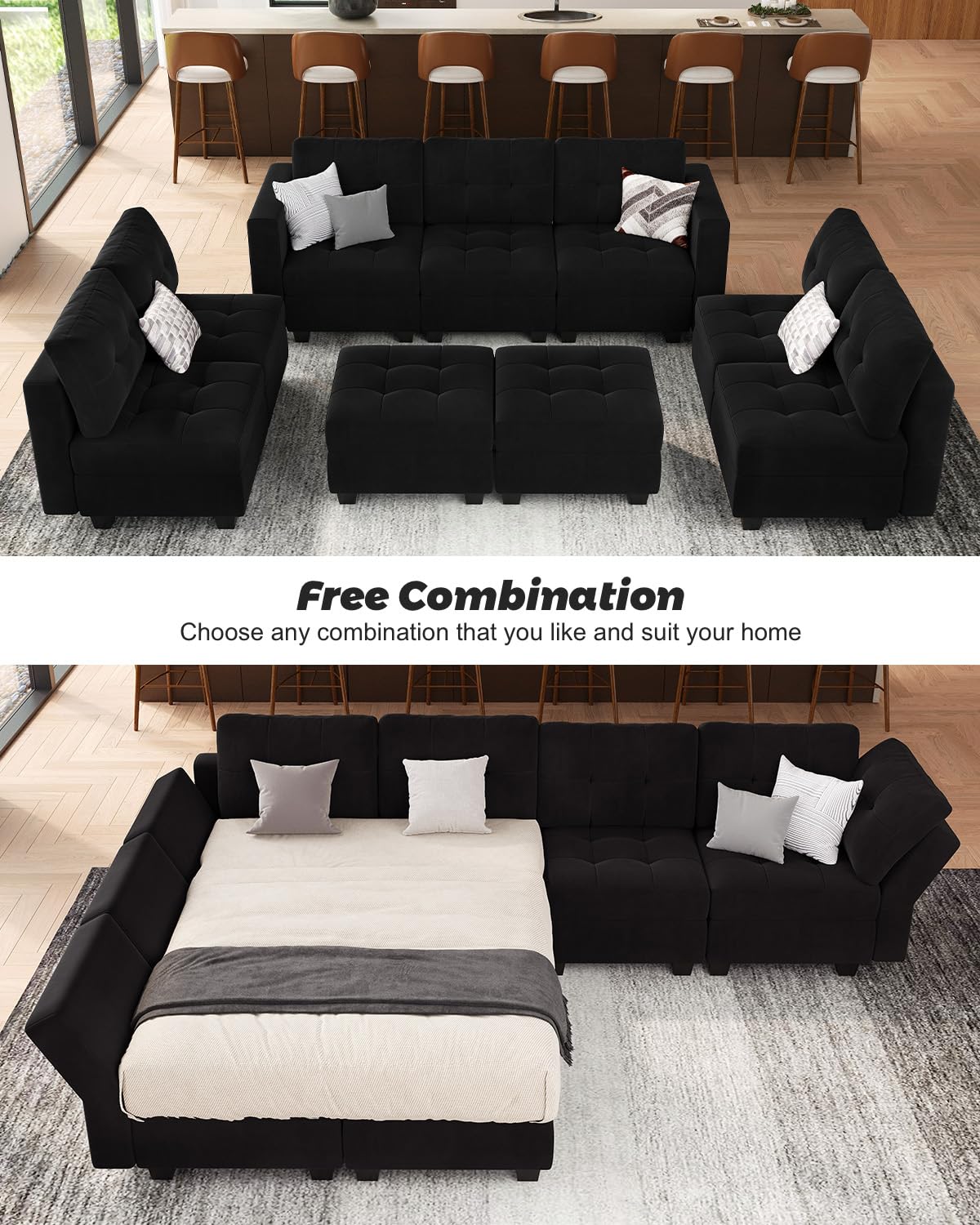 Belffin U Shaped Sectional Modular Sofa Set with Chaise, Reversible Sectional Modular Sofa Couch with Ottomans, Velvet Fabric Sectional Couch with Storage Seats,Black