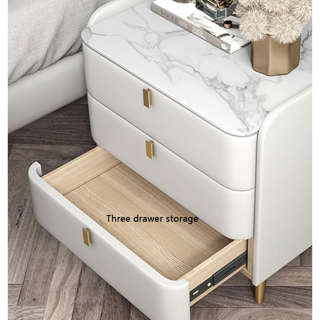Bedside Table Mid-Century Modern Nightstand Faux Leather Bedside Table W/Marble Pattern Sintered Stone Top Side Table Wood 3 Drawer Bedroom Cabinet Chest of Drawers (Color : Black, Size : 50X40X69cm