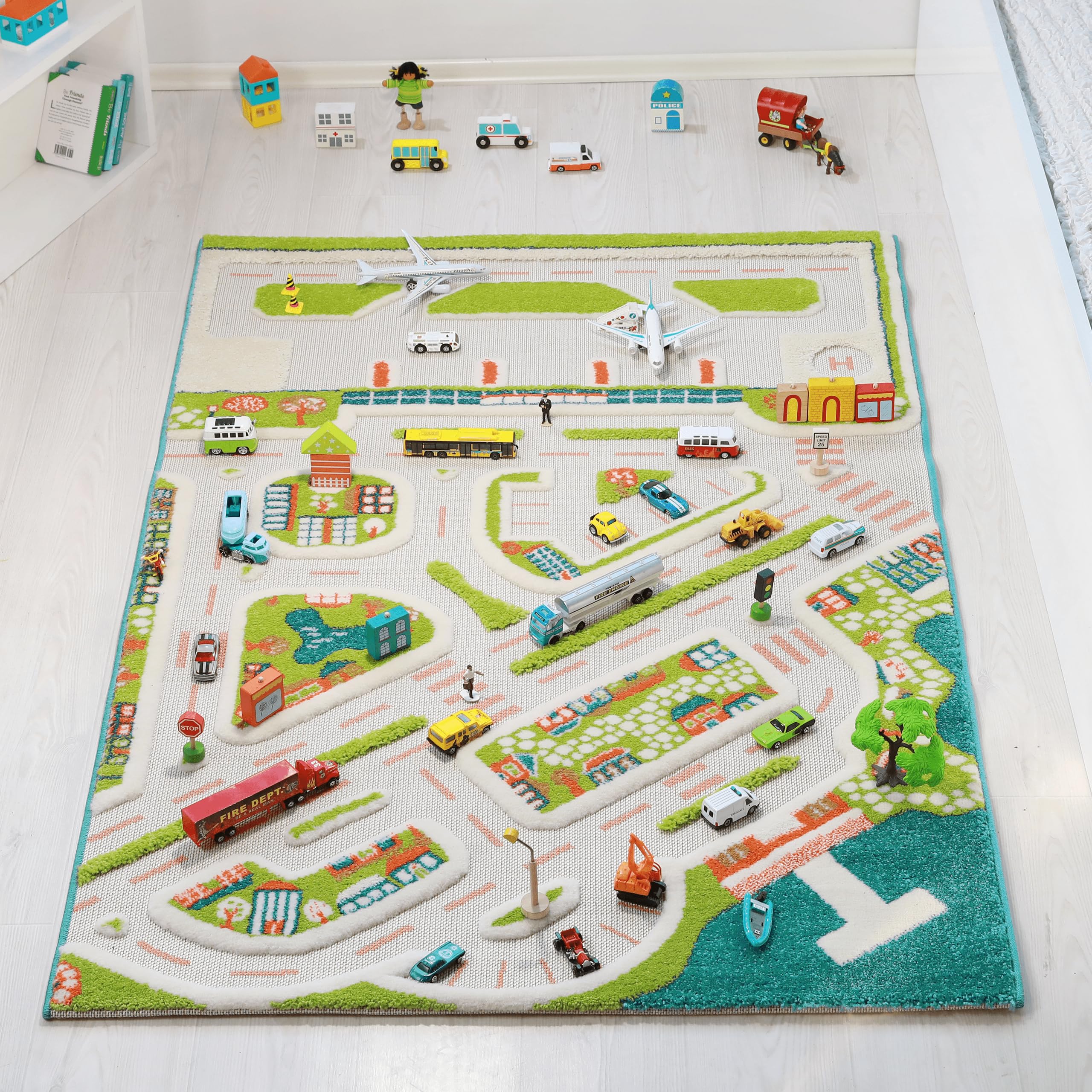 IVI 3D Play Carpets Mini City 59" L x 39" W Educational Toddler Car Mat Rug for Bedroom, Kids Den, or Playroom
