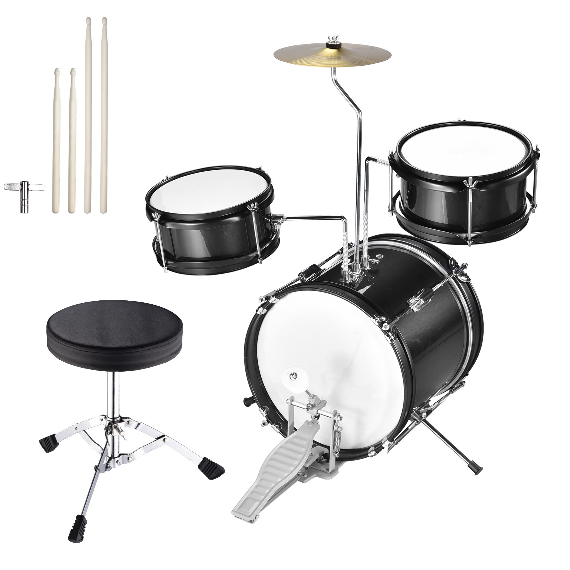 Drum Set 3-Piece Beginner Drum Set Junior Drum Set, Throne Stool, Drum Sticks, Bass Drum Pedal, Black