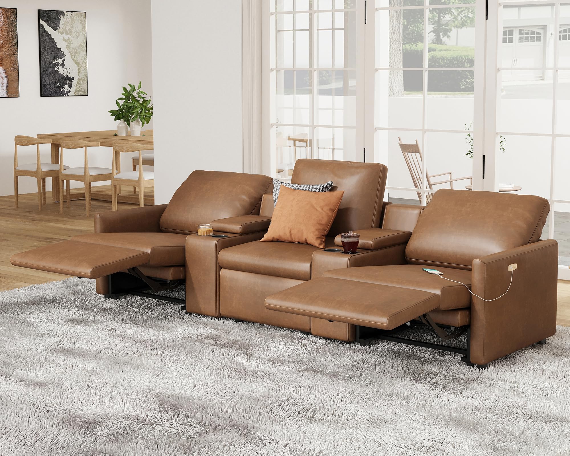 AMERLIFE Power Recliner, Reclining Sectional Sofa with Console& Dual Recliner, 3 Seater Modular Couch with Cup Holder& Charging Port, Leather Recliner Couch for Living Room