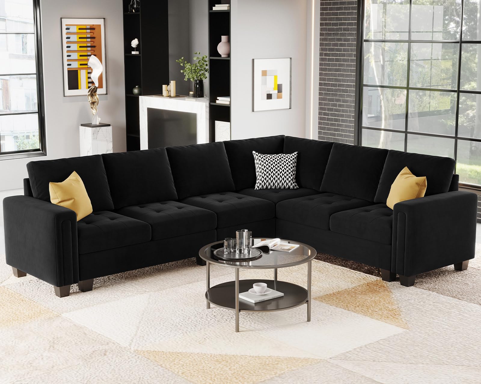 Belffin Velvet Modular L Shape Sectional Sofa Couch with Chaise Reversible Corner Convertible Sectional Sofa Couch Black