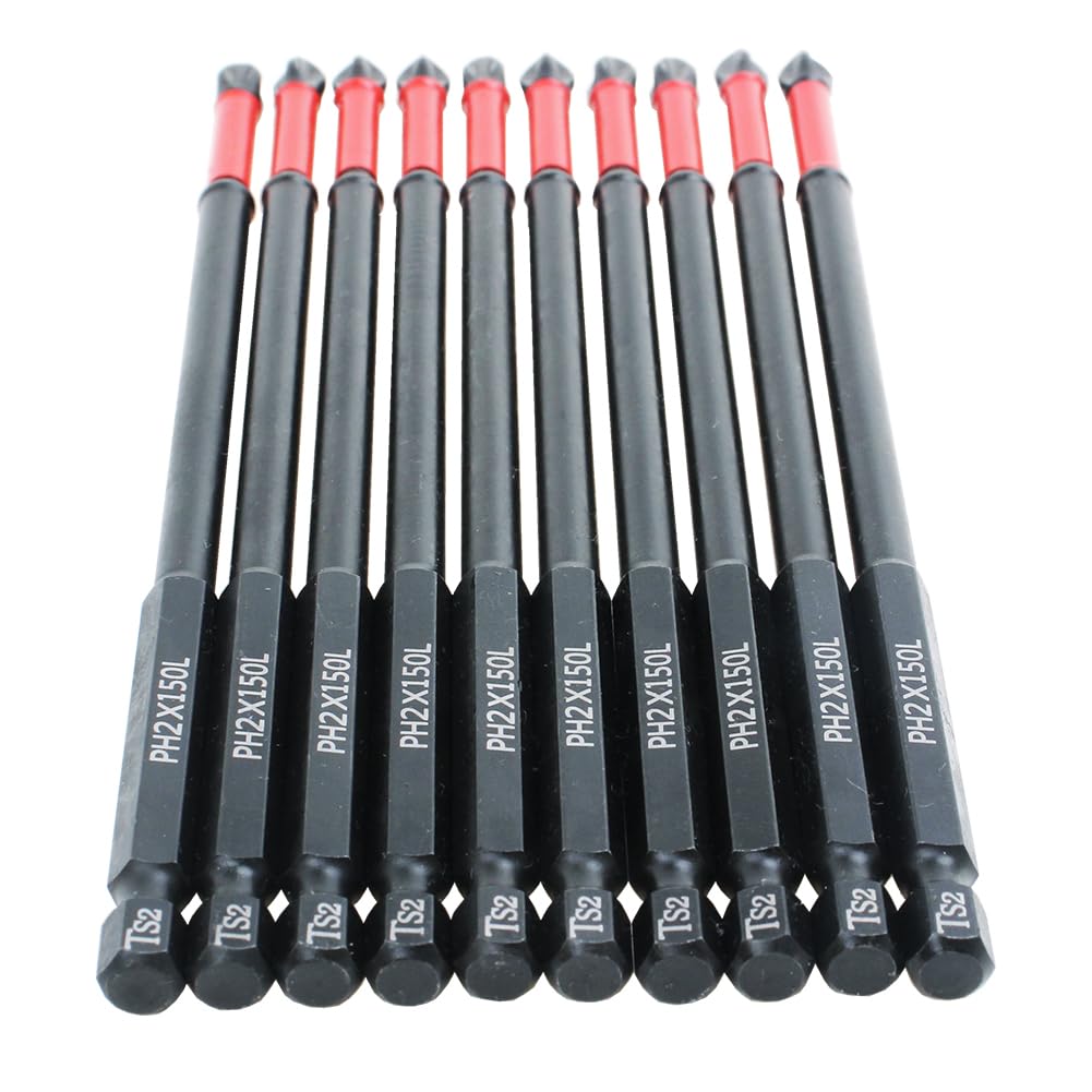 AUTOTOOLHOME 10 Pack Phillips PH2 Magnetic Anti Slip Screwdriver Bit Set 6 inch Length TS2 Anti-Slip Long Drill Bits Impact Driver Bits