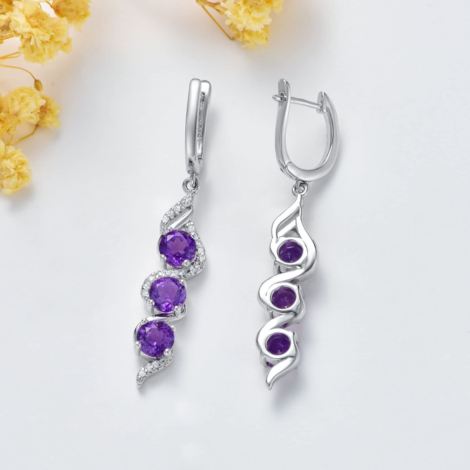 Amethyst Earrings 925 Sterling Silver 5mm Round Natural Amethyst Dangle Drop Earrings Jewelry for Women Gifts