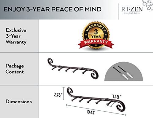 RTZEN Farmhouse Small Key Holder for Wall - Handcrafted Swirl Decorative 5 Key Hooks for Home Entryway - Wrought Iron Black Wall Mount Key Rack Purse Coat and Leash Holder or Organizer (Classic)