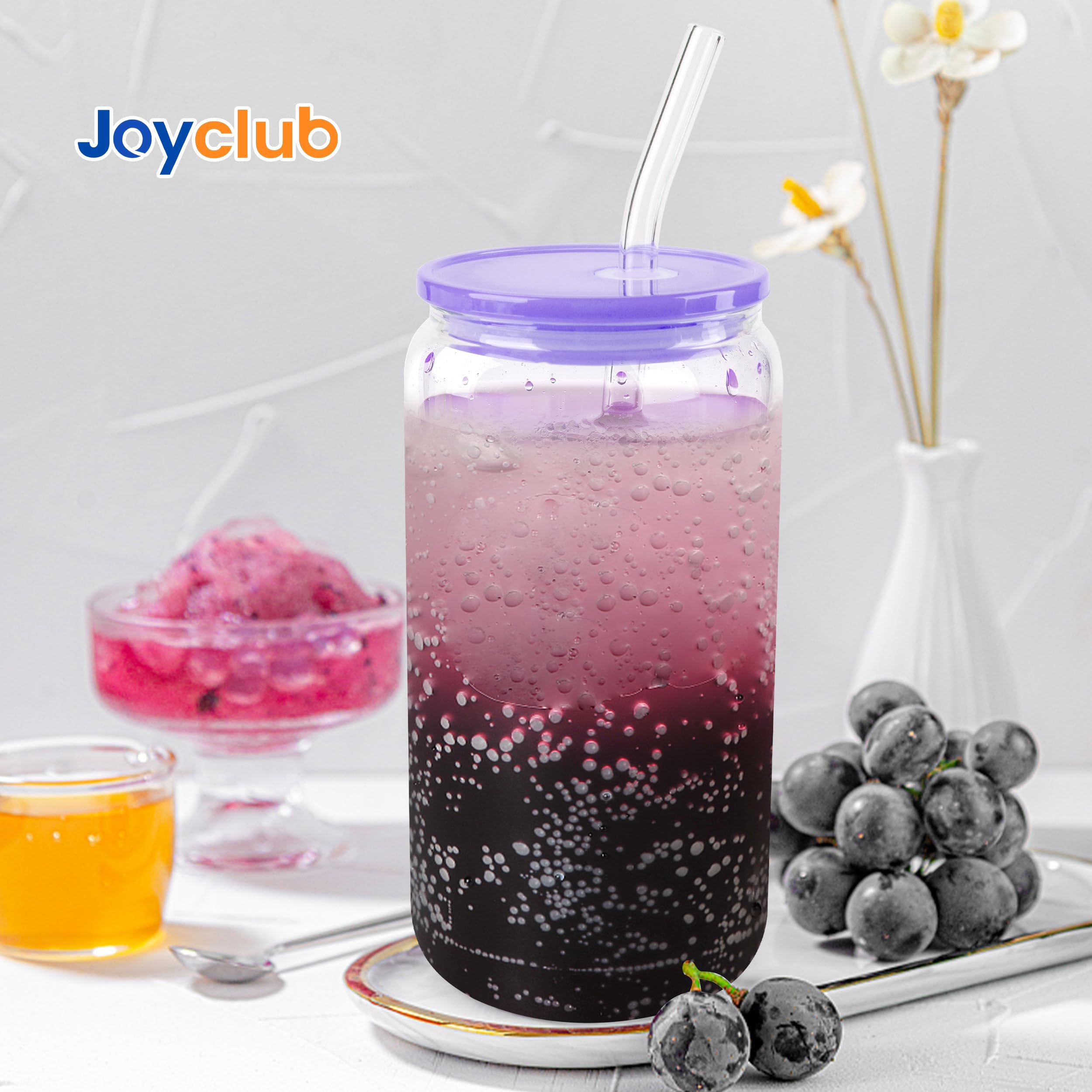 Joyclub 4 Pack Acrylic Lids Fit for 16oz Glass Cups with Lids and Straws, Replacement Lids for Drinking Beer Glasses with Bamboo Lids Iced Coffee Glasses Cute Tumbler Cup (Multi Light)