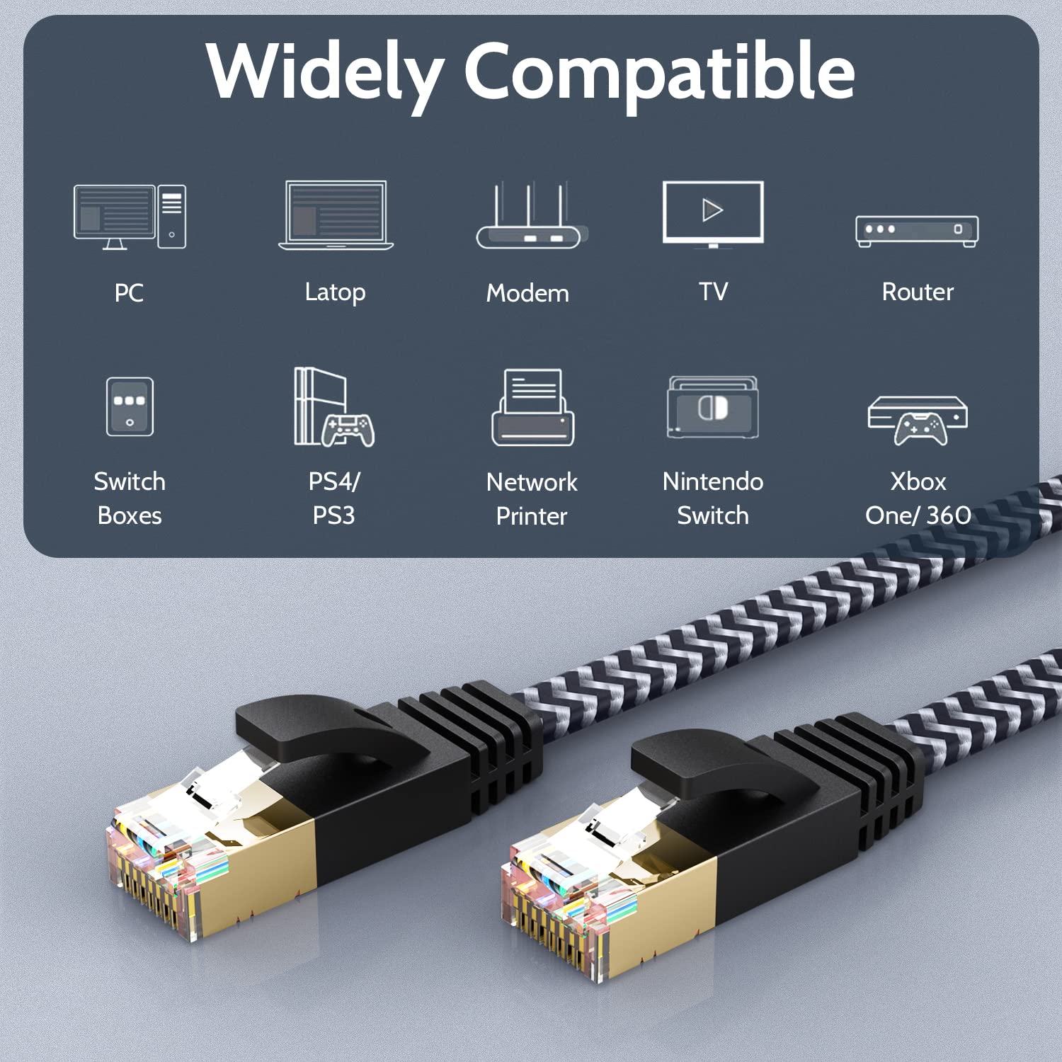 MORELECS Cat 7 Ethernet Cable 10ft β 10Gbps High-Speed, Premium Braided Flat Design, Reliable for Home, Office, Gaming, Streaming