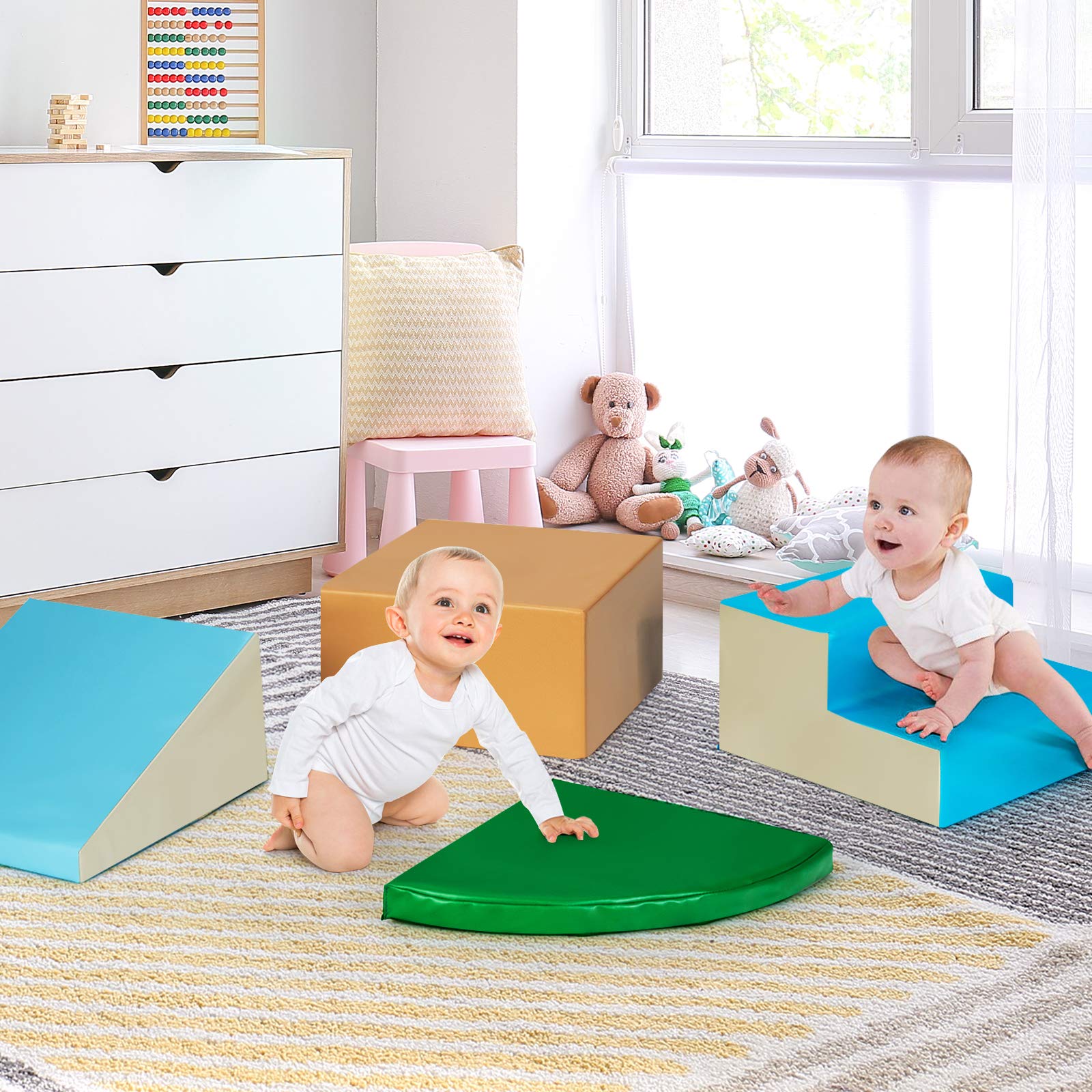 Costzon Climb and Crawl Foam Play Set, 4-Piece Soft Toddler Corner Climber Indoor Active Play Structure for Babies & Toddlers, Great for Climbing, Sliding and Physical Activity (Blue + Green + Coffee)