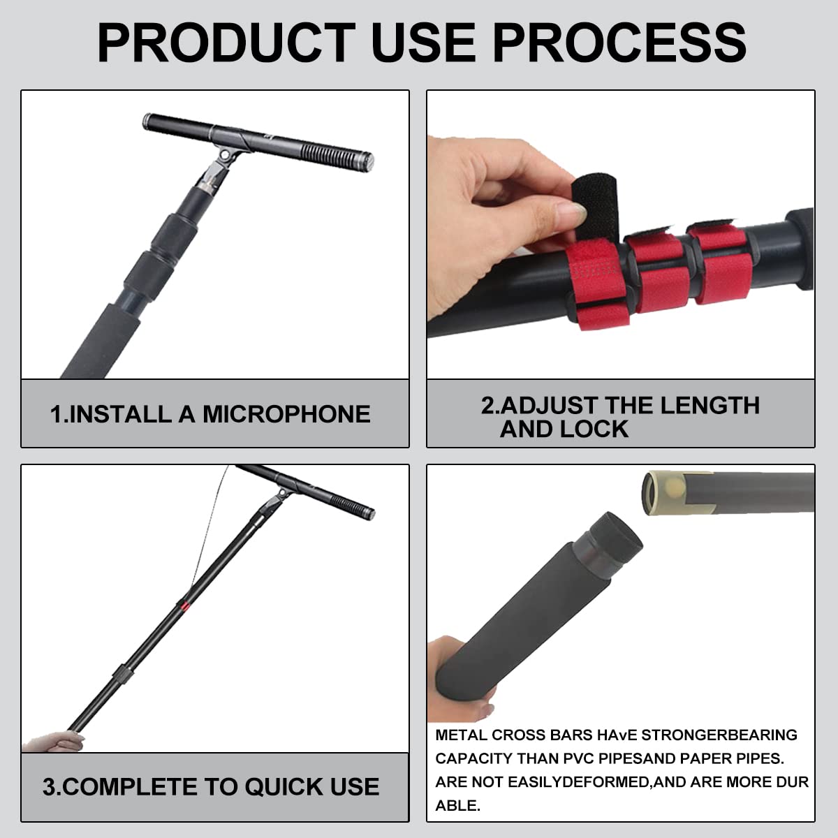AISIMEE Portable Mic Boom Pole,3-Section Extendable Portable Handheld Boom Pole for Filming with 1/4" and 3/8" Threads,for Professional Shotgun Microphones Fish Pole exte.