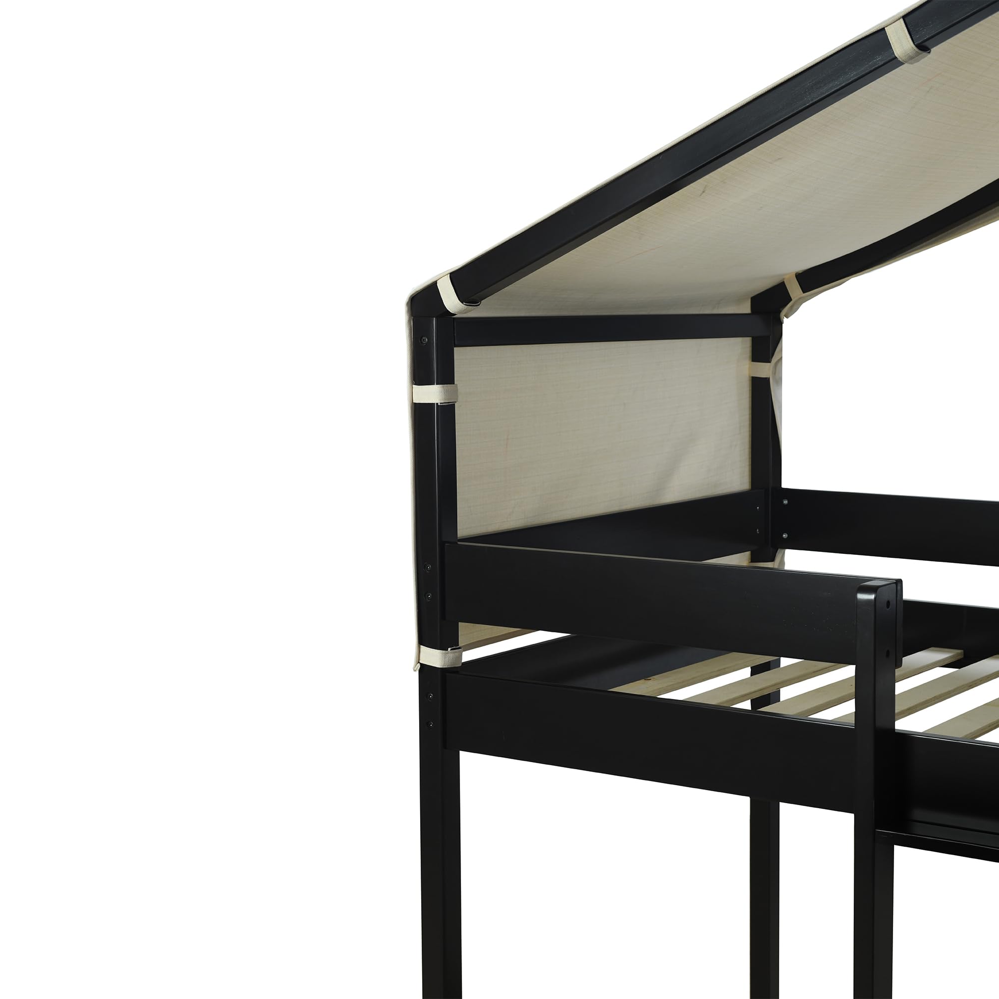Harper & Bright Designs House Bunk Bed Twin Over Twin Kids Bunk Bed Wood Frame, Floor Bunk Bed with Tent, for Girls Boys (Twin Size, Espresso)