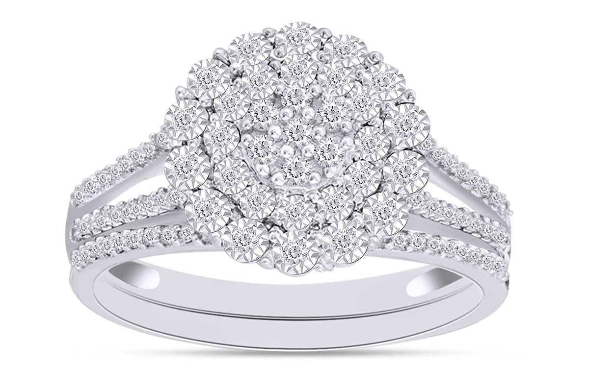 AFFY 1/4 Carat Round Cut Natural Diamond Flower Bridal Set Engagement Ring In 14K White Gold Over Sterling Silver (0.25 Cttw, I2-I3 Clarity), Ring Size-9