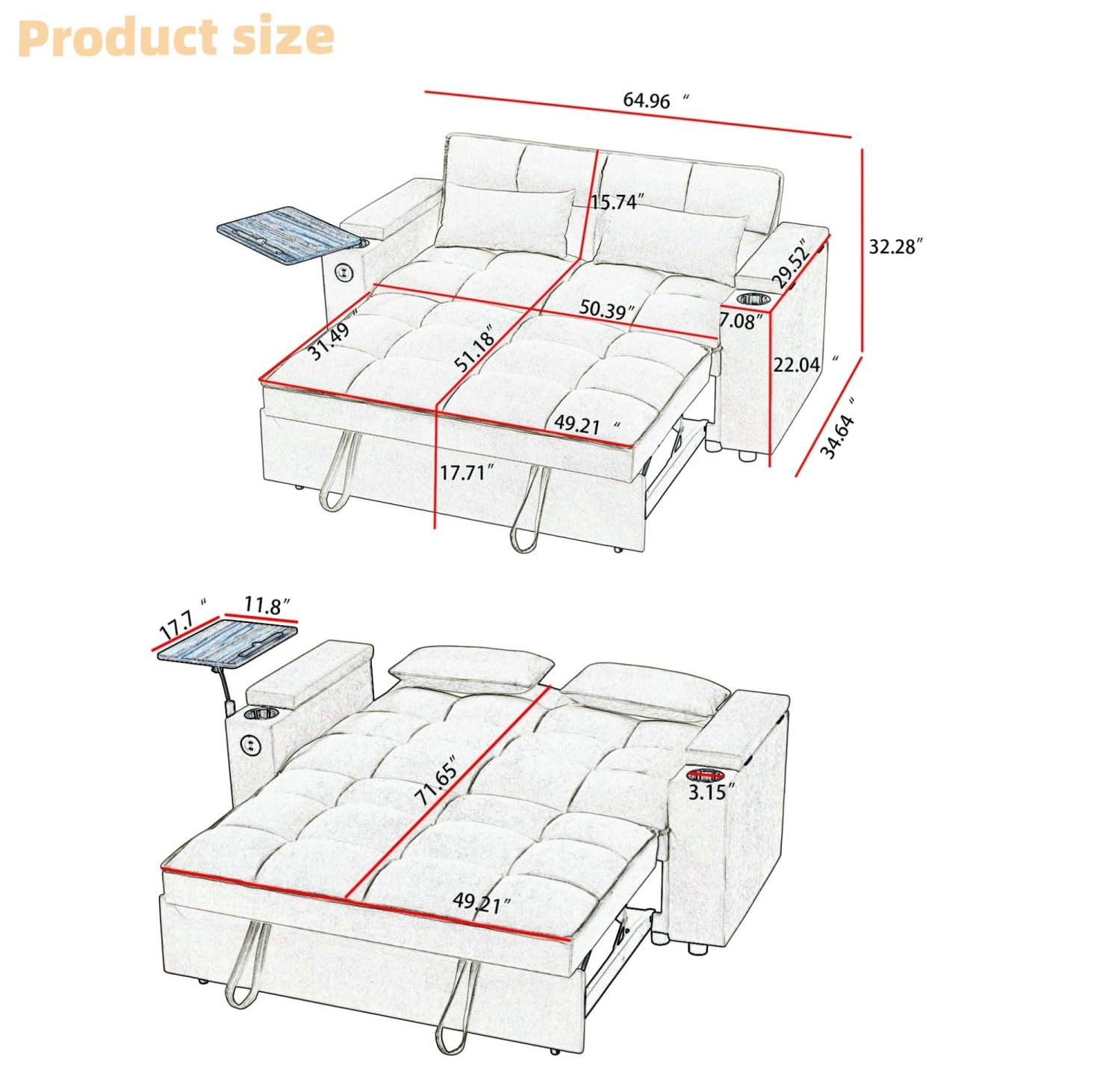Auvsoce 65'' Convertible Queen Size Sleeper Sofa Bed.Modern Chenille Fabric Sofa with Pull Out Bed and 360 Degree rotatable Side Table for Living Room,RV, Trailer, Basement, Big Horn (Black)
