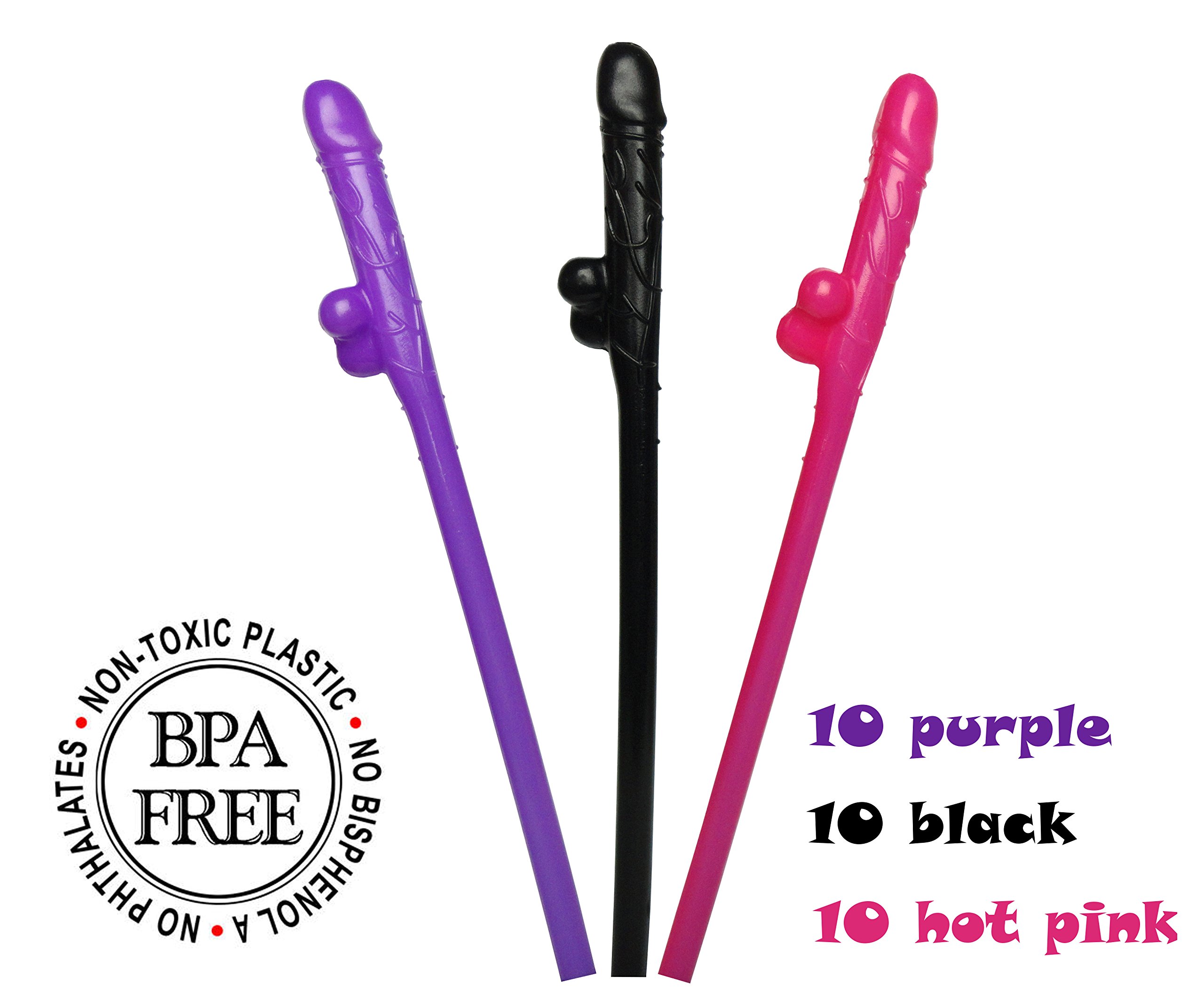 Bachelorette Party Penis Straws - Set of 30 pcs Pink, Black, Purple - Best Bride Shower Decoration
