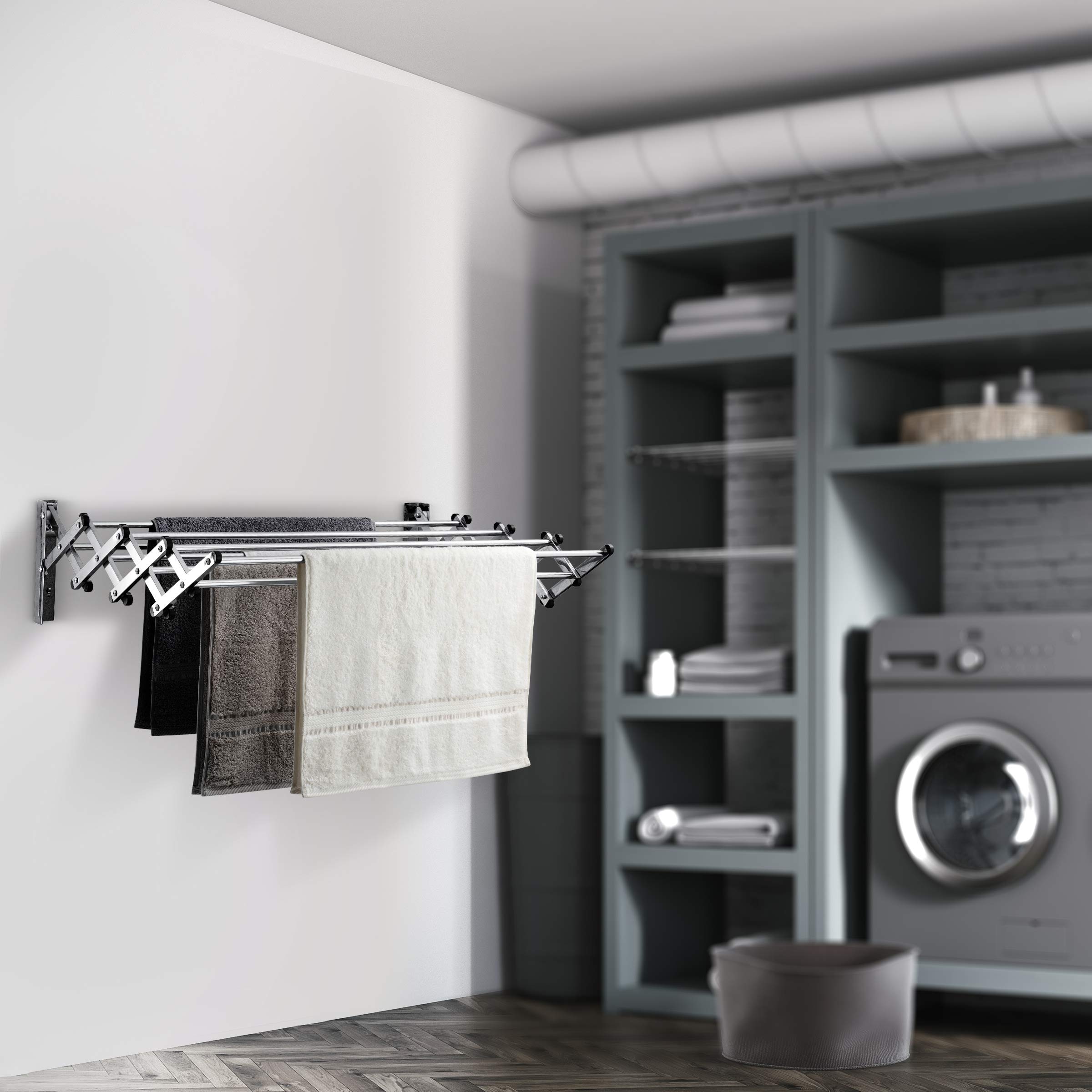 Bartnelli Accordion Wall Mounted Drying Rack | 8 Smooth Round Stainless Steel Rods | Huge 22 Linear Feet Capacity | Compact Sleek Design || 60lb Capacity
