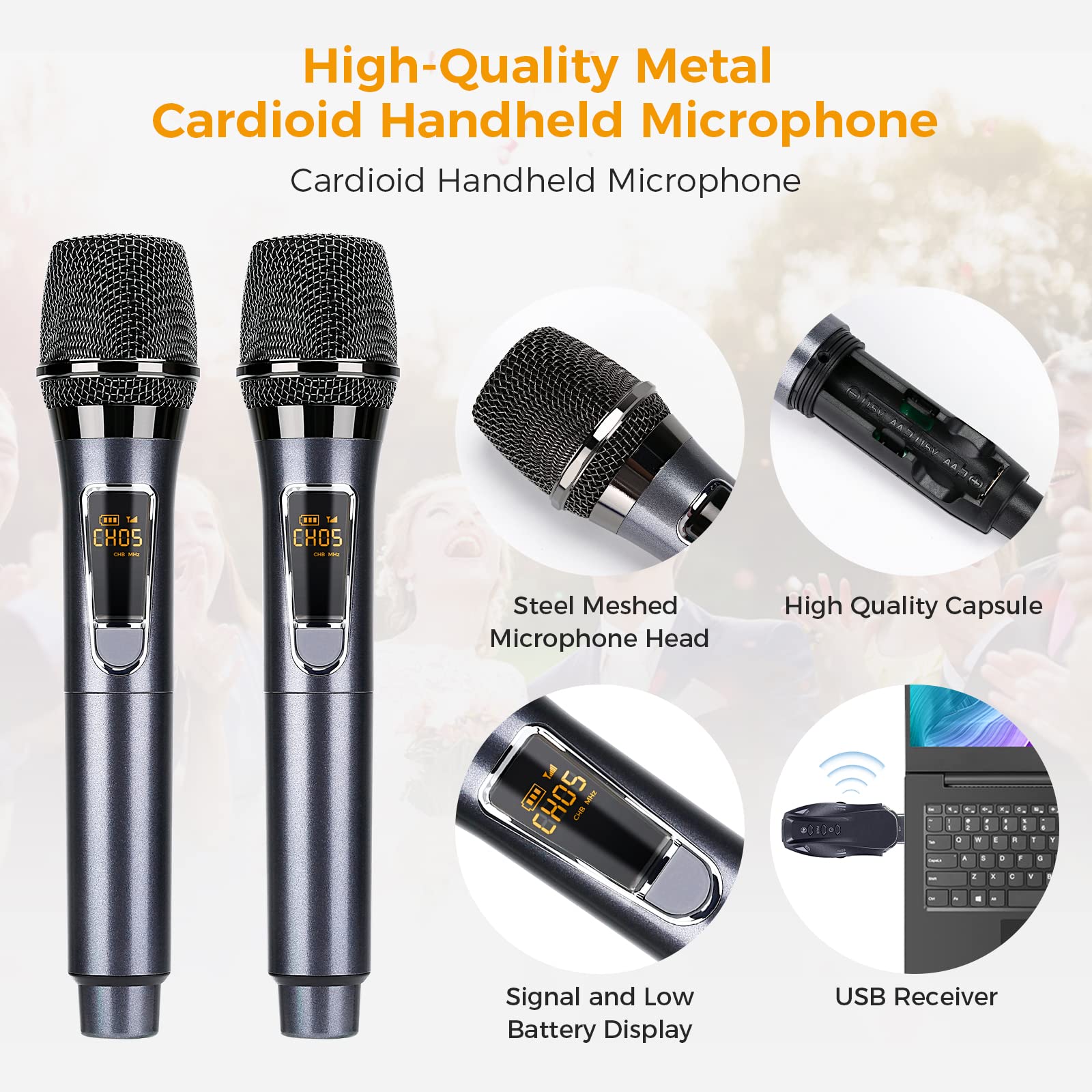 Asmuse Wireless Microphone, Metal UHF Handheld Dynamic Microphone System, Wireless Mic Dual Cordless with USB Rechargeable Receiver, Microphone for Karaoke, Church, Speech, Wedding, Party Singing