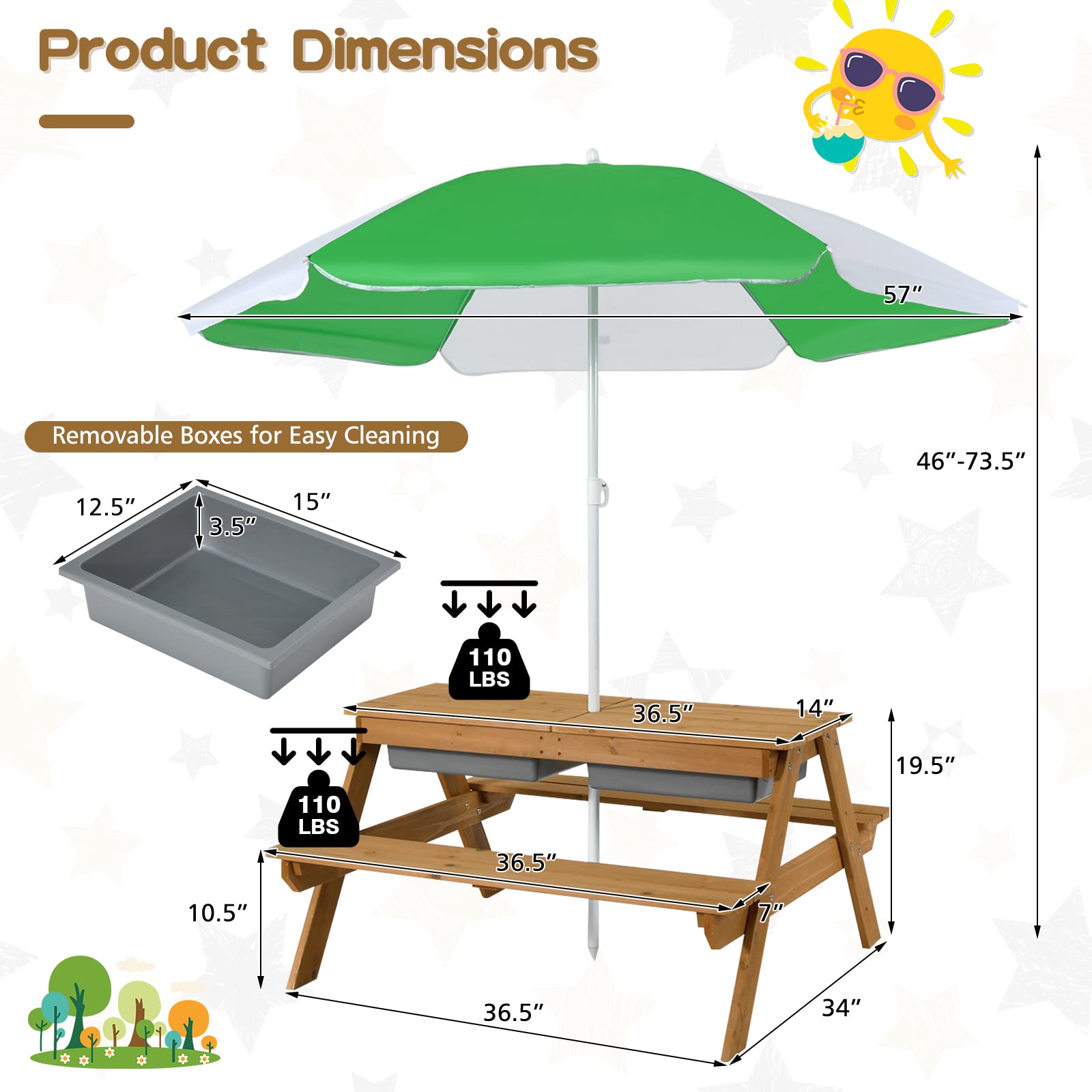 Costzon Kids Picnic Table, 3 in 1 Sand & Water Table w/Height Adjustable Umbrella, Removable Tabletop, Children Outdoor Toy Playset w/2 Play Boxes, Wooden Convertible Activity Play Table